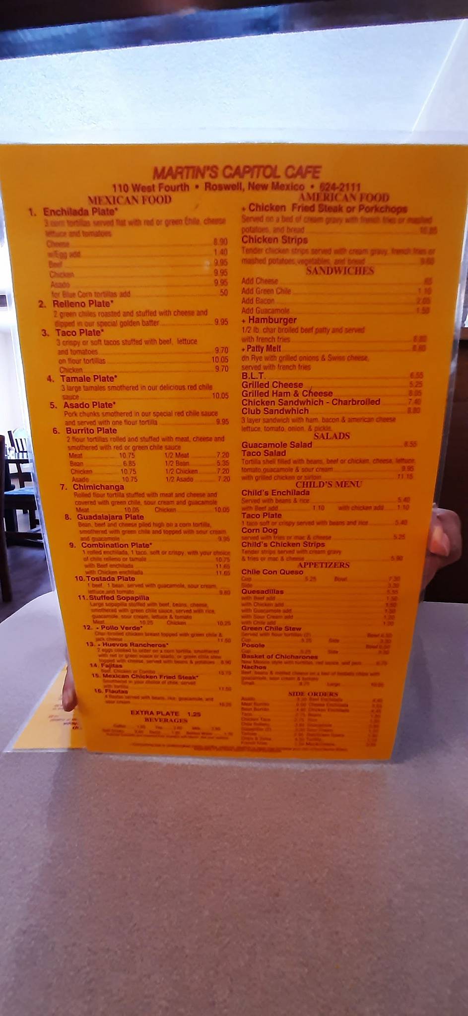 Menu at Martin's Capitol Cafe, Roswell