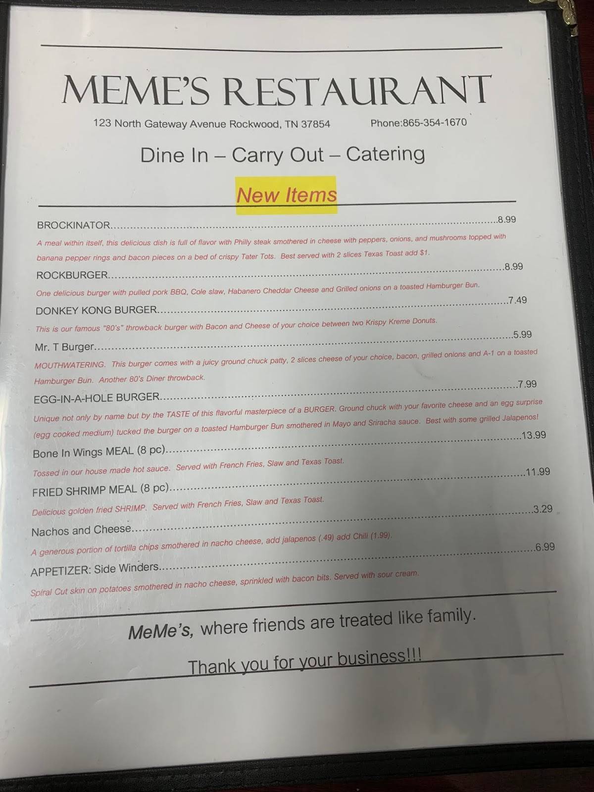 Menu at MeMe's Restaurant, Rockwood