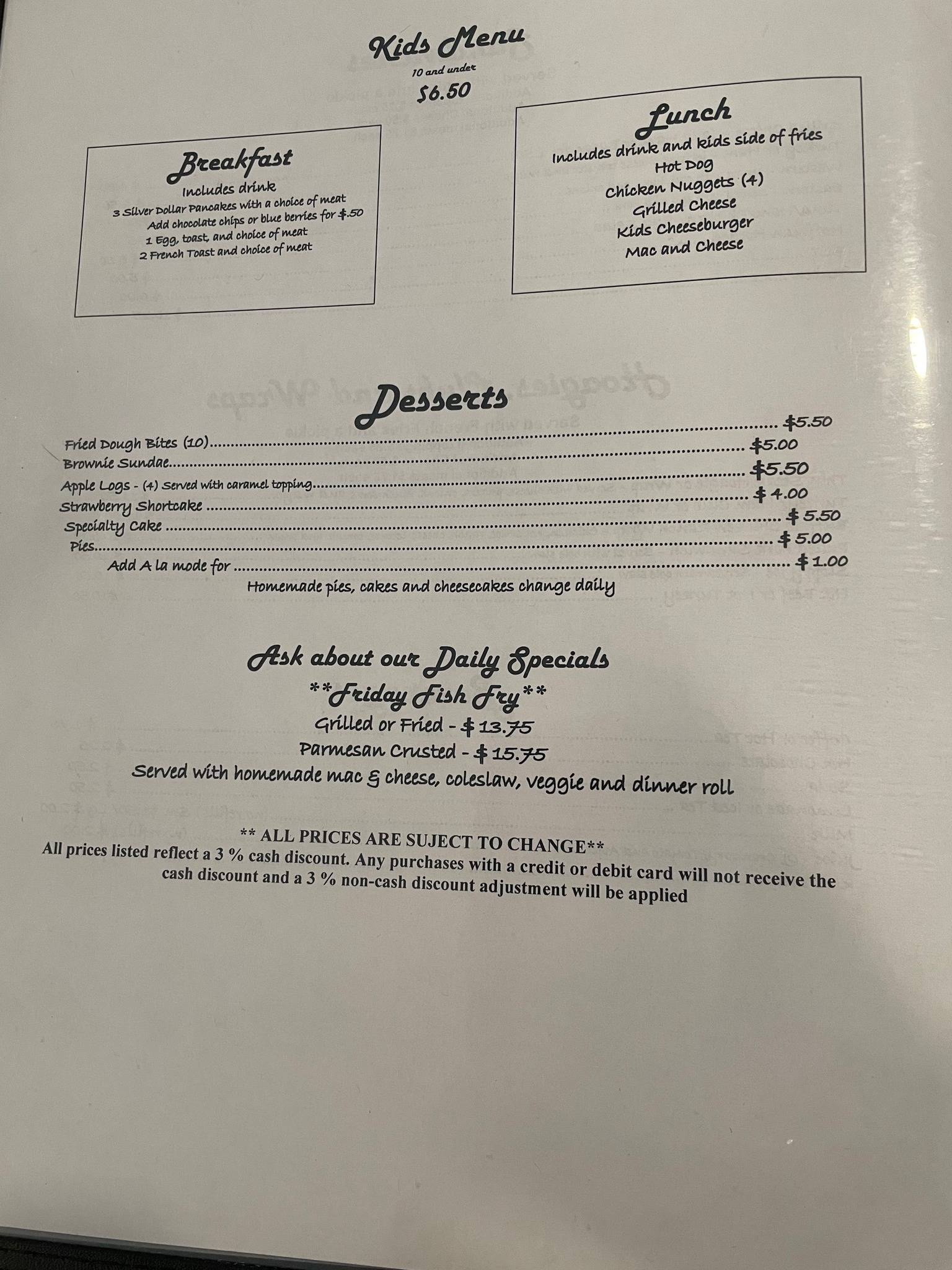 Menu at Meme's Diner restaurant, Felts Mills