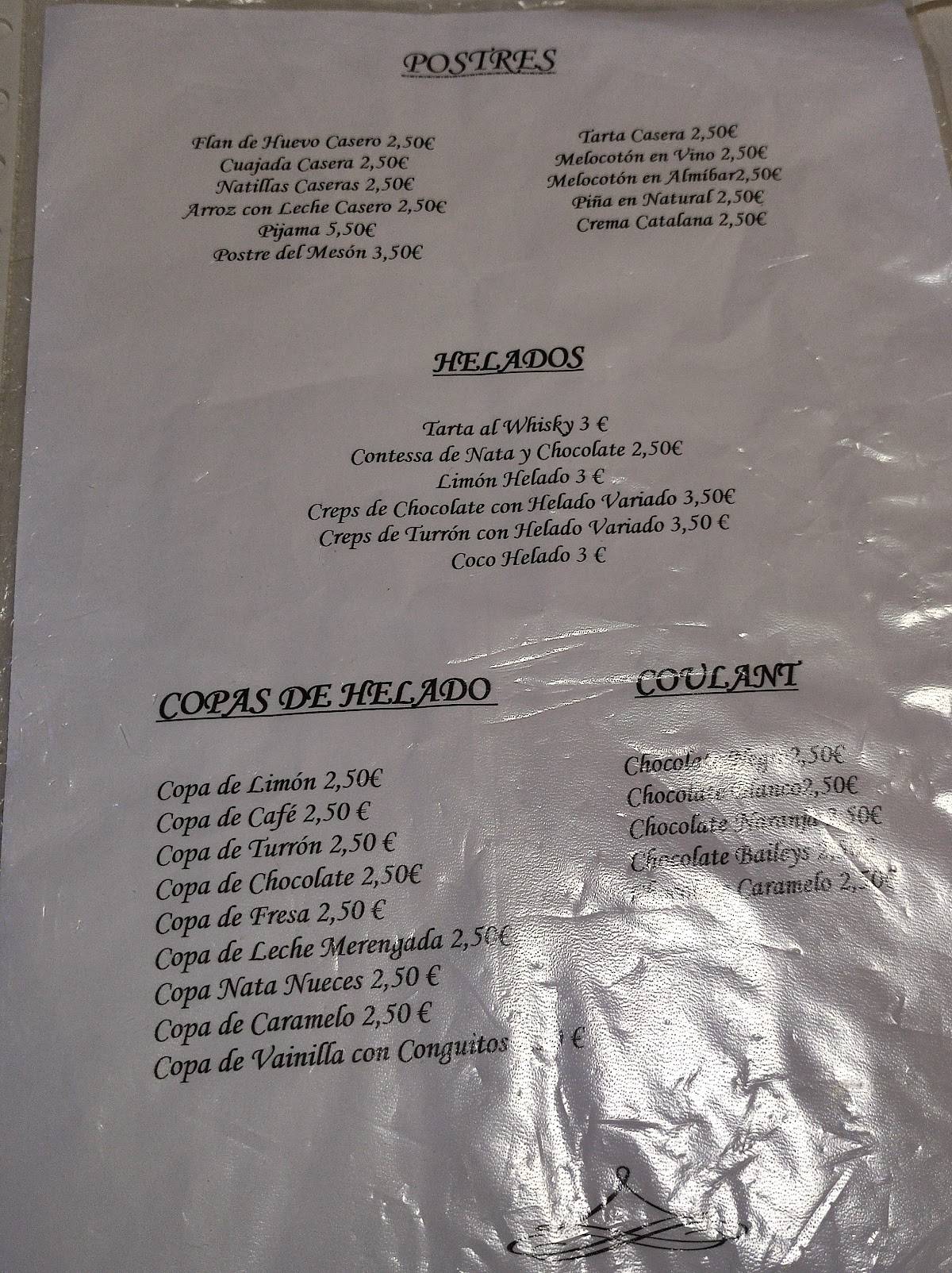 Carta del restaurante Mesón del los 20 Platos, Almonacid del la Sierra ...