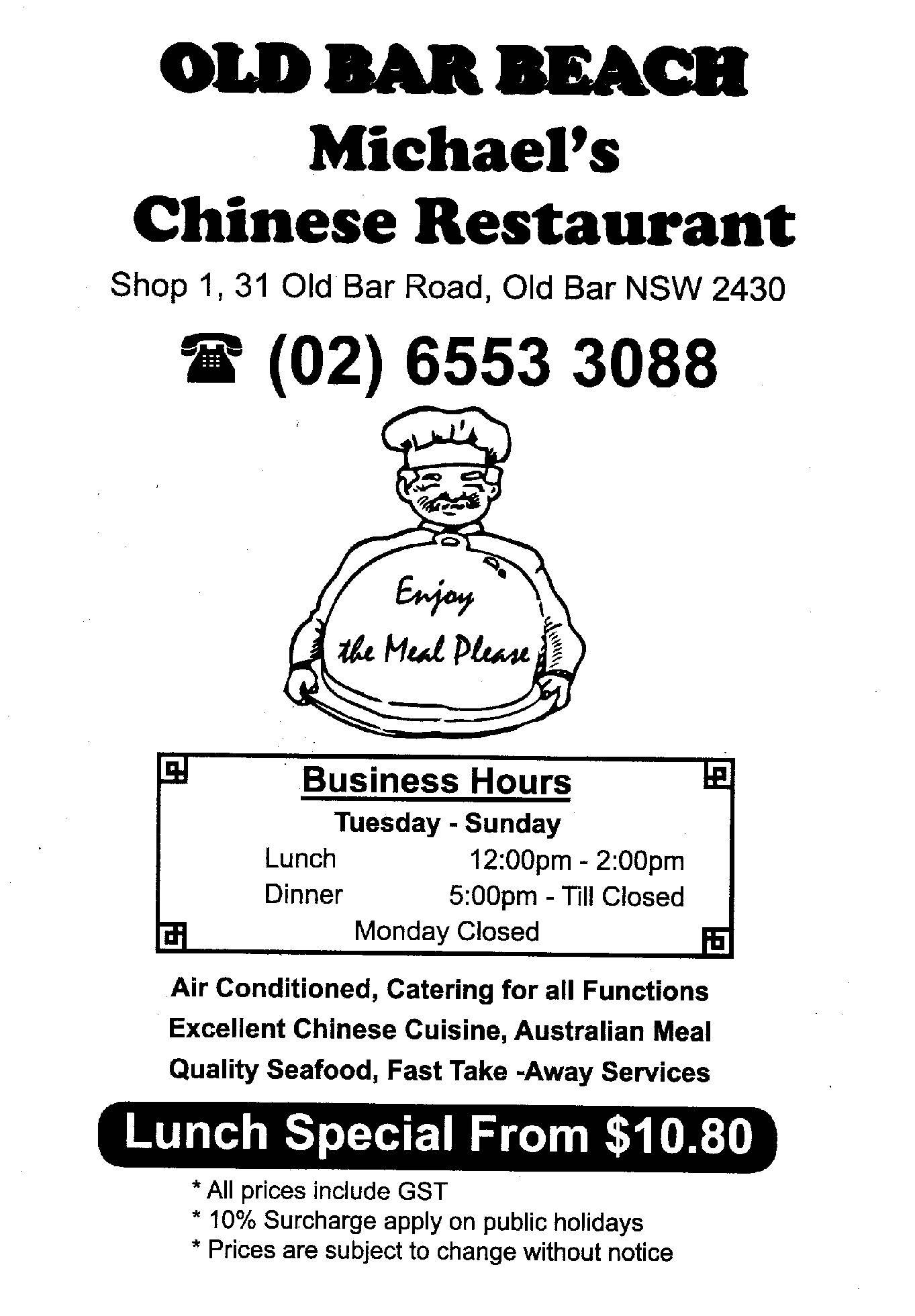 Menu at Michael's Chinese Restaurant, Old Bar