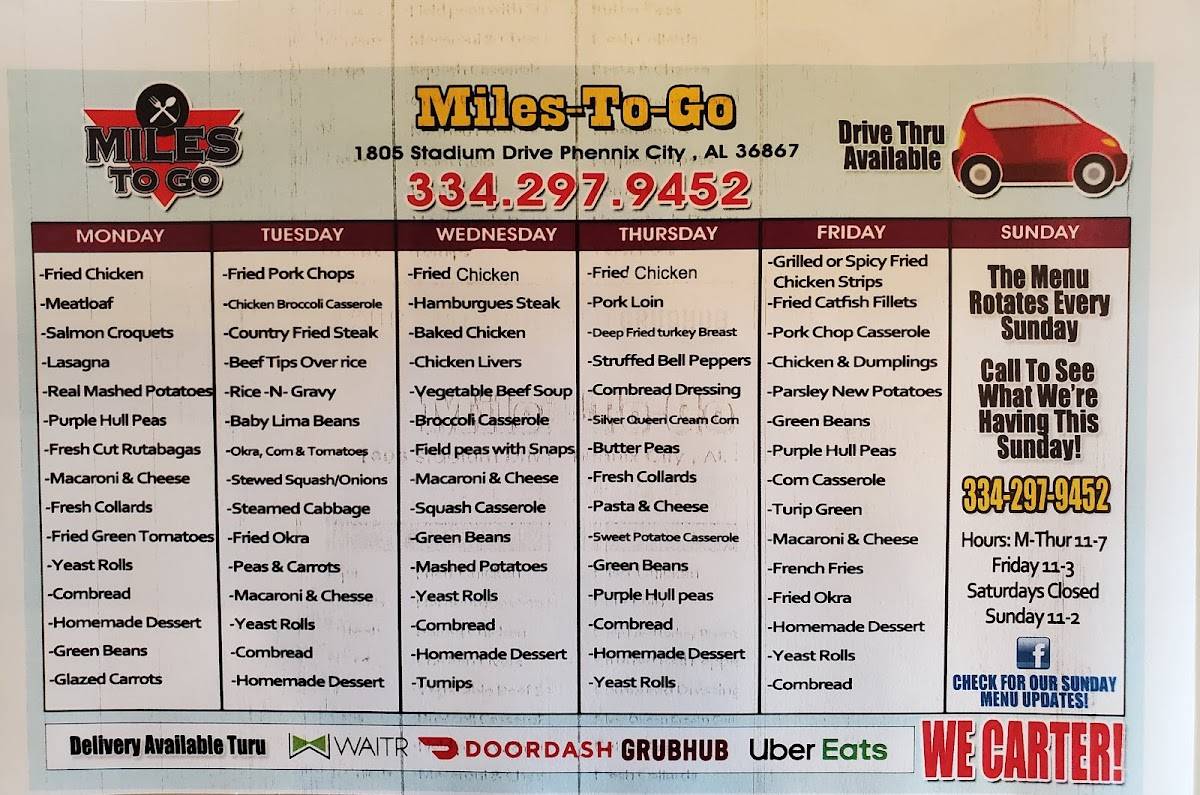Menu at Miles to Go Phenix City restaurant, Phenix City
