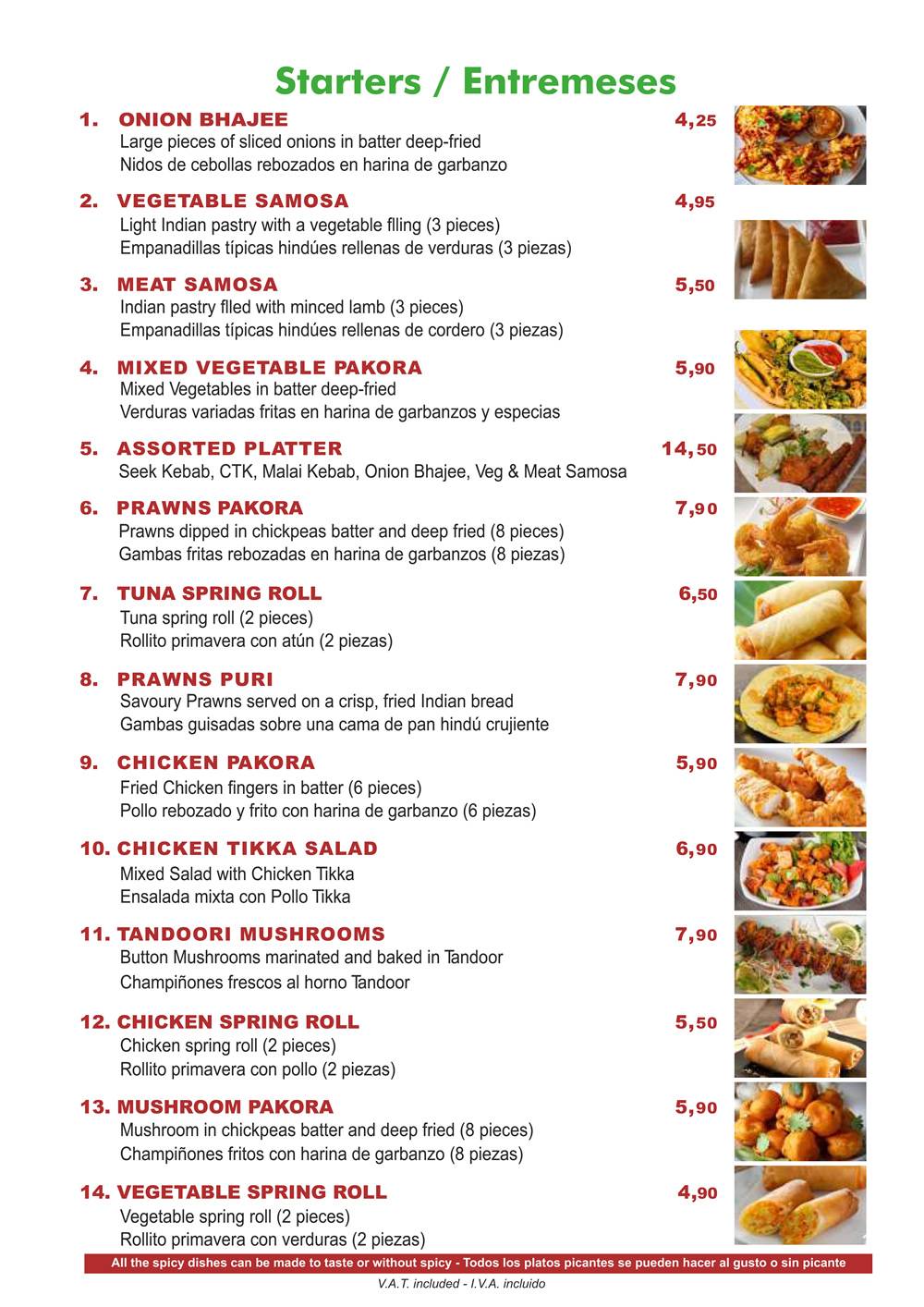 Menu at Mini India Duquesa restaurant, La Chullera