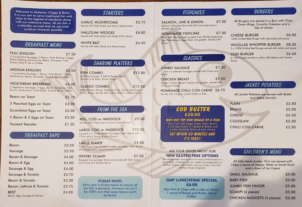 Menu at Misterton Chippy restaurant, Haxey