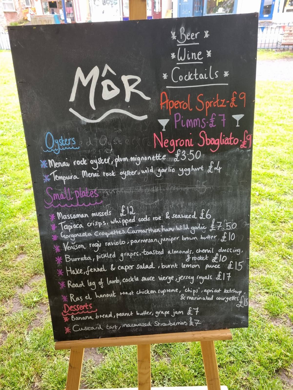 Menu at Môr restaurant, The Mumbles