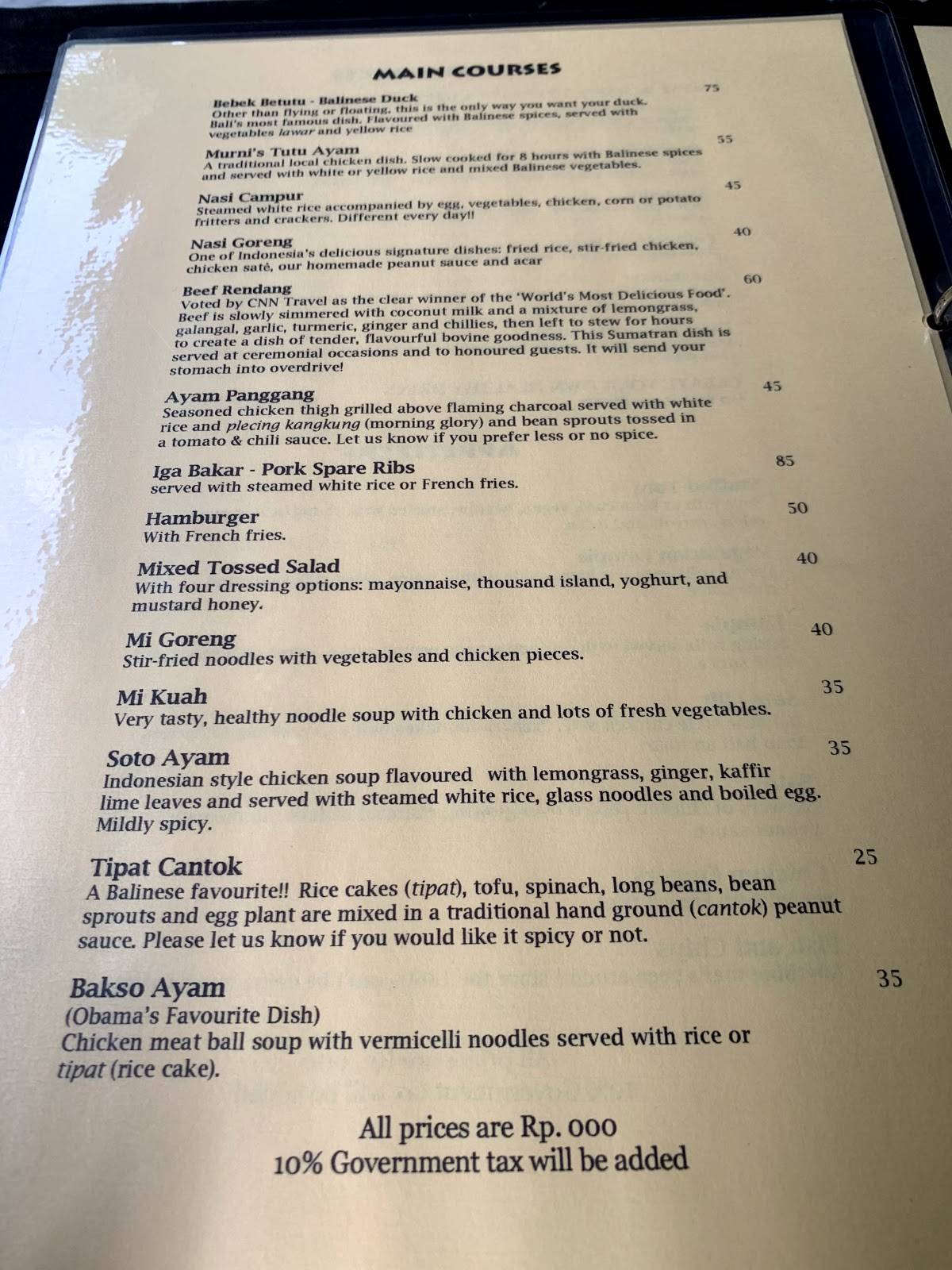 Menu at Murni's Warung restaurant, Ubud