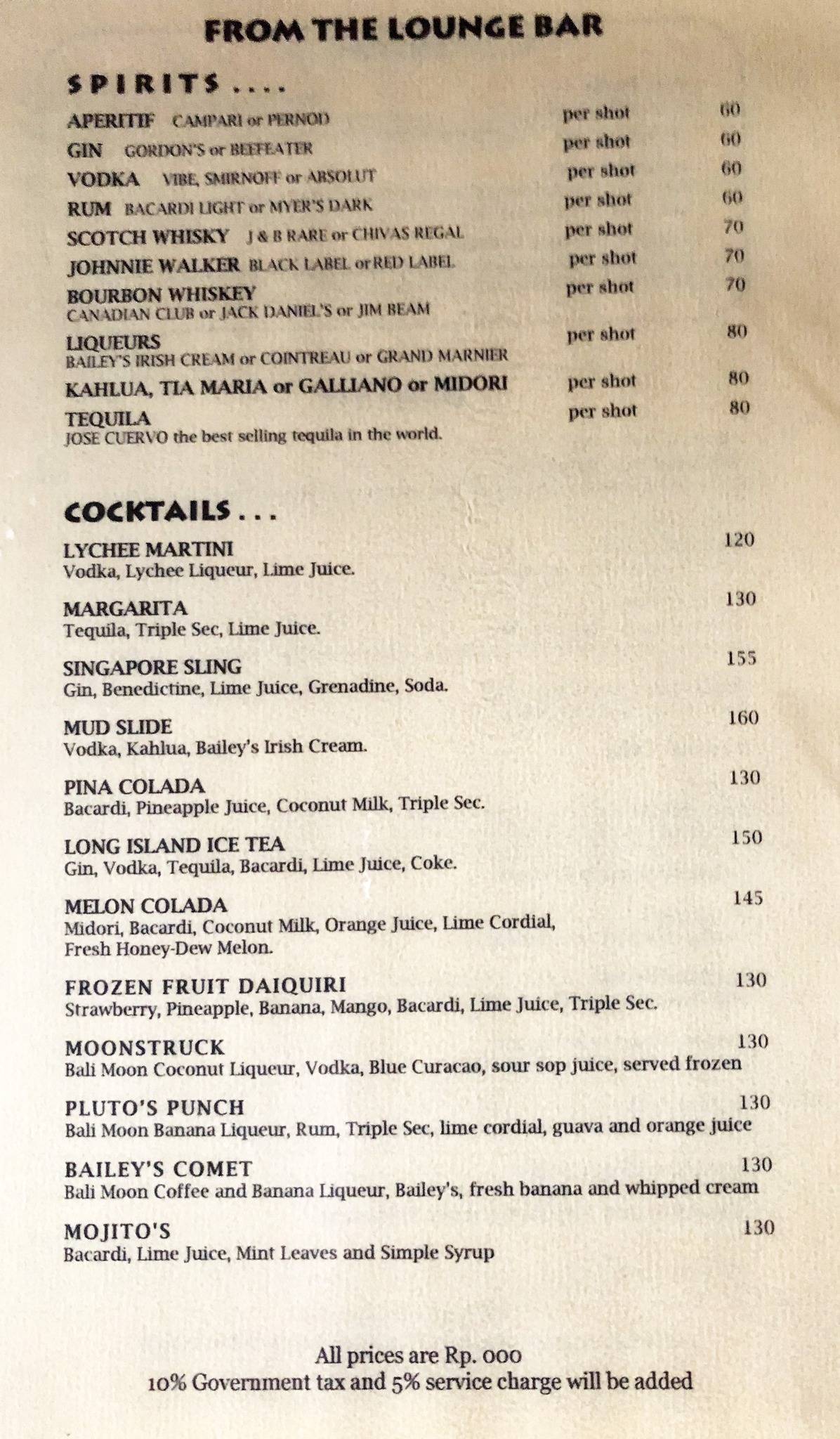 Menu at Murni's Warung restaurant, Ubud