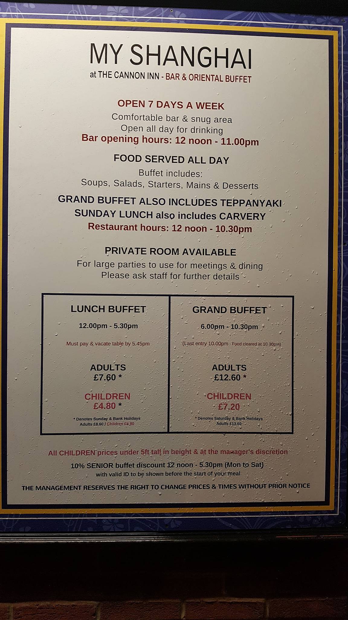 Menu at My Shanghai Bar & Oriental Buffet, North Shields, The Cannon Inn