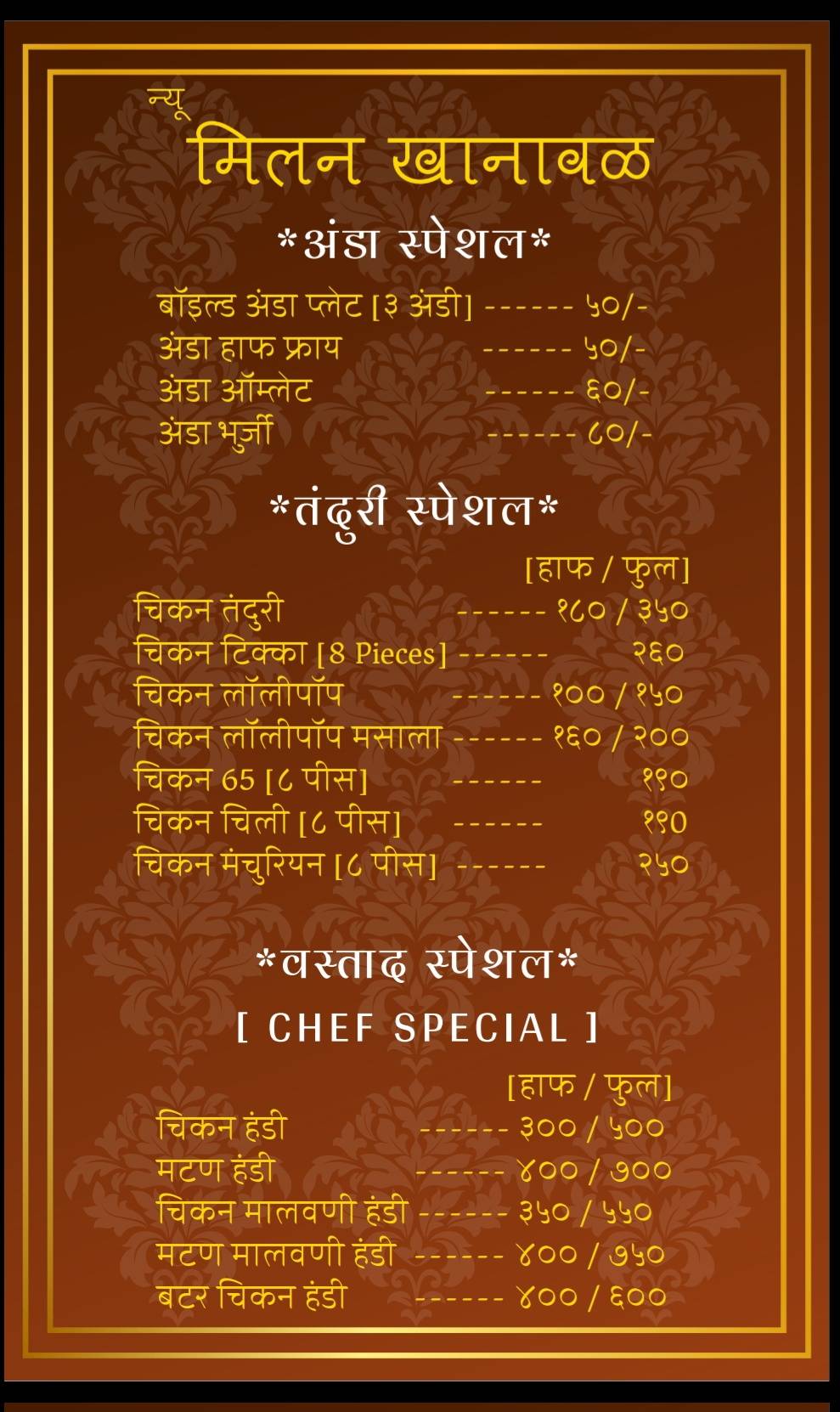 Menu at New Milan Khanawal, Warje, Pune, Near