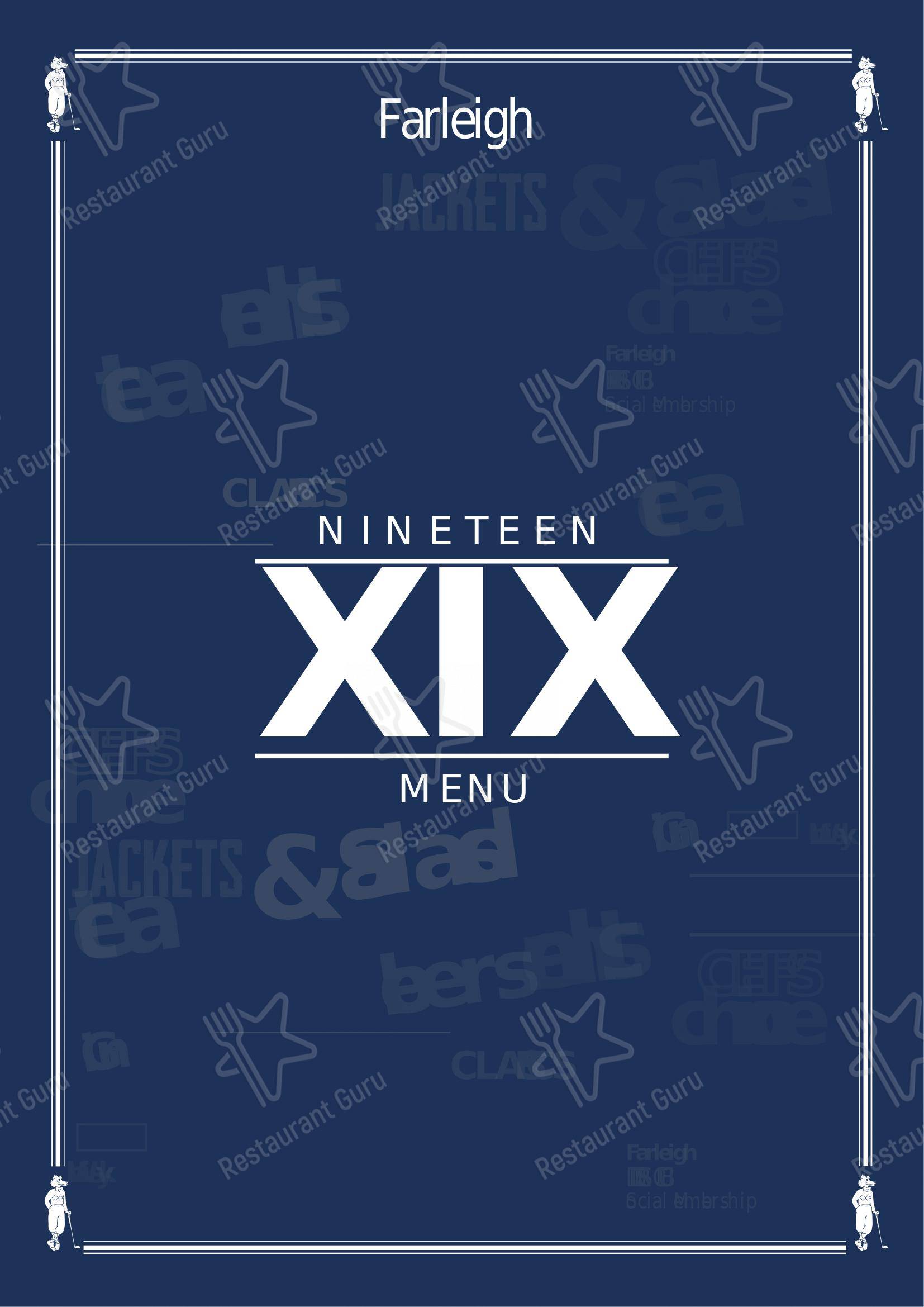 Menu at Nineteen restaurant, Croydon, Farleigh Golf Club