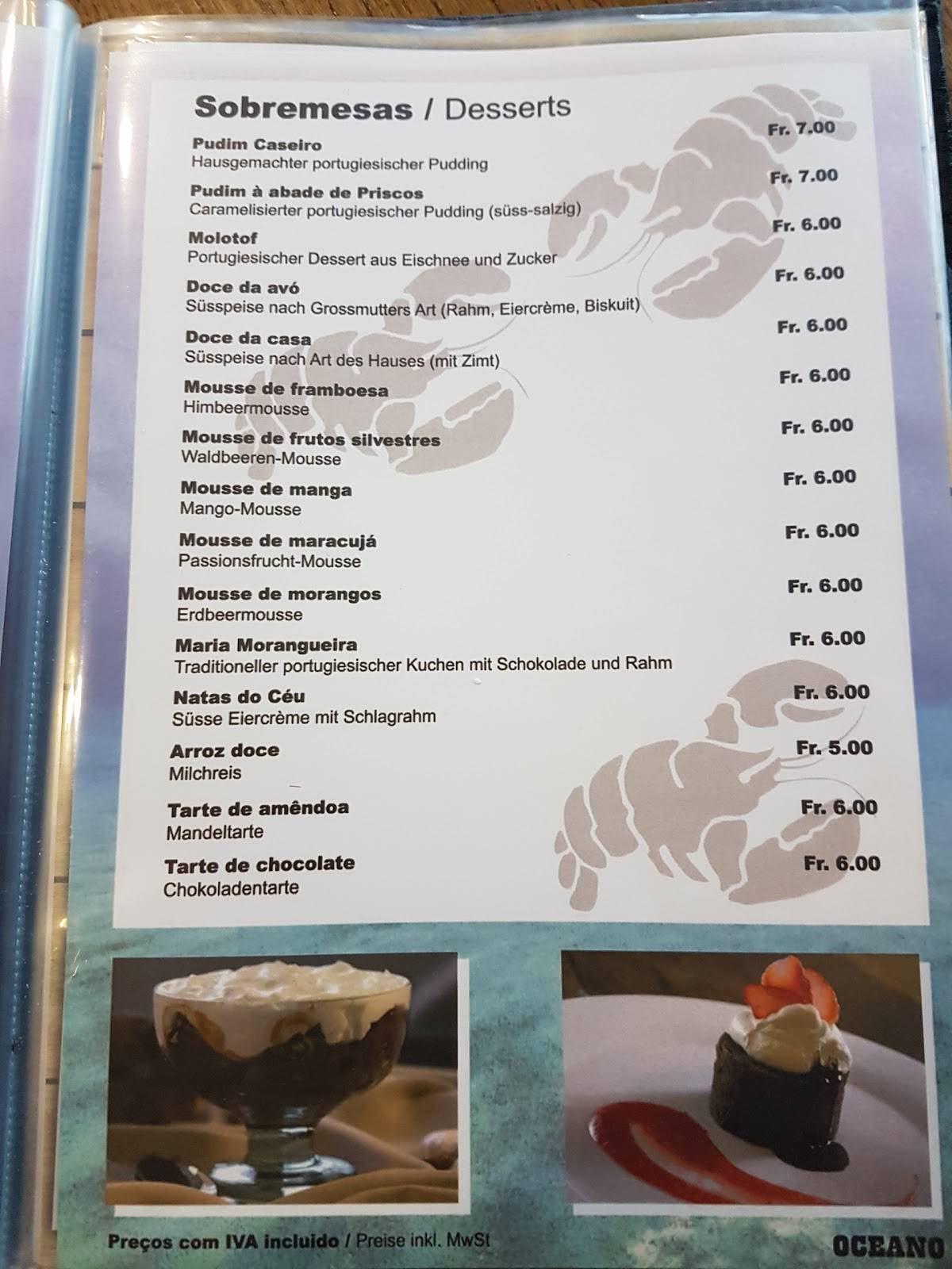 Menu da Oceano Restaurant, Schlieren