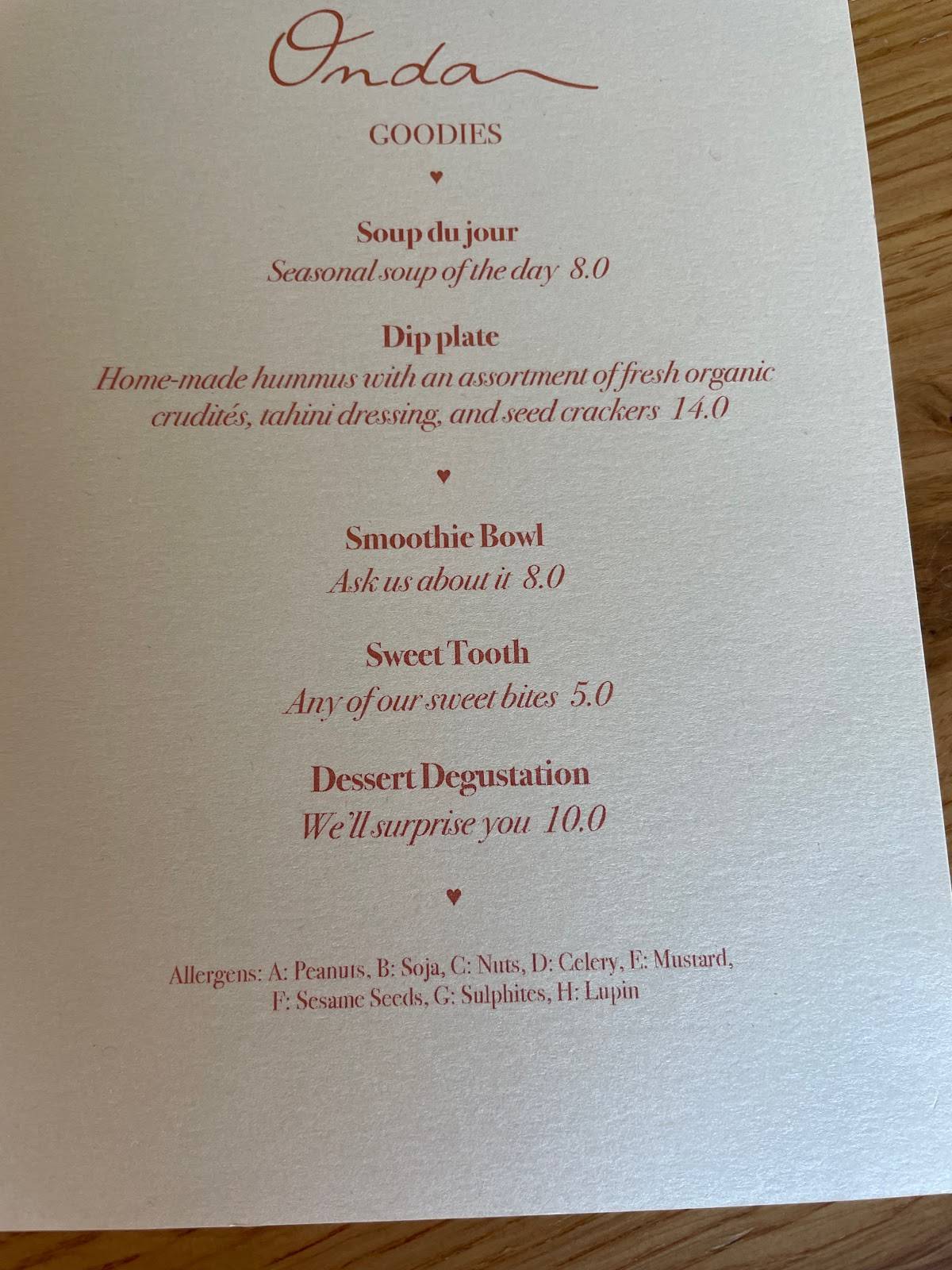Menu at Onda restaurant, Luxembourg City
