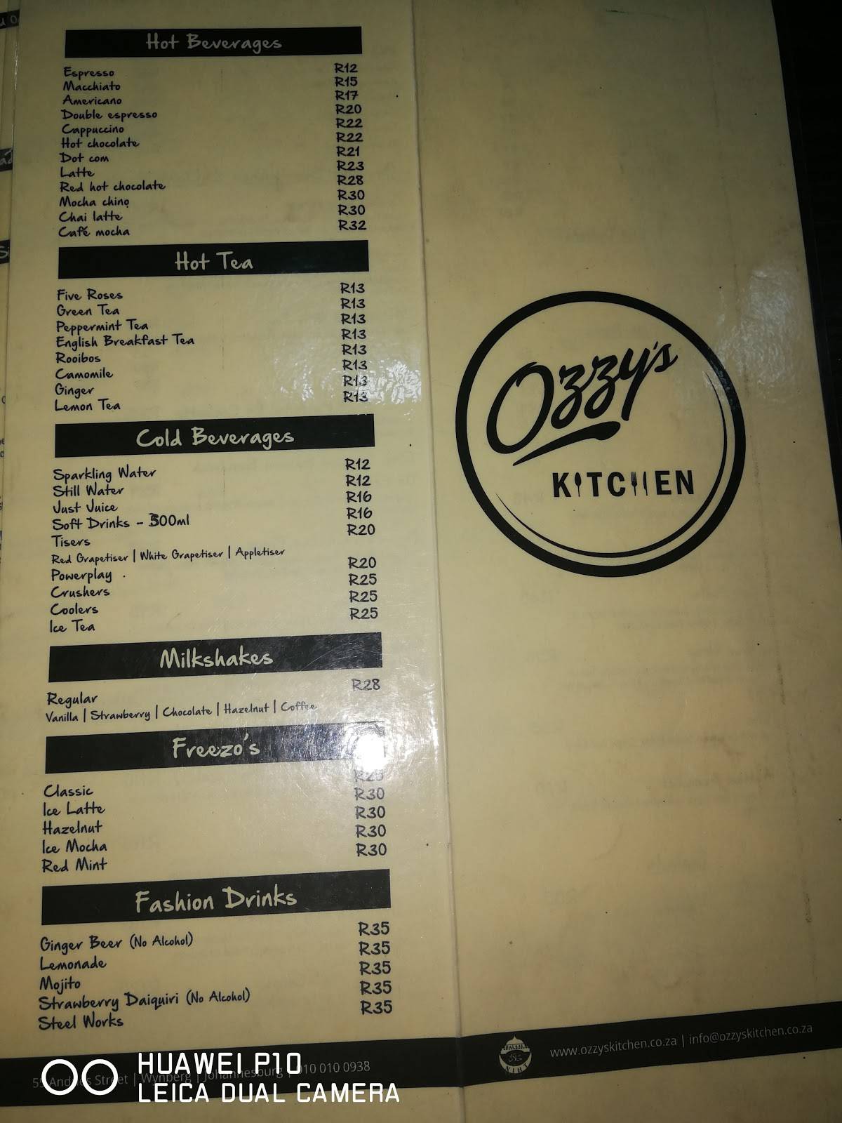 Menu at Ozzy's Kitchen restaurant, Sandton
