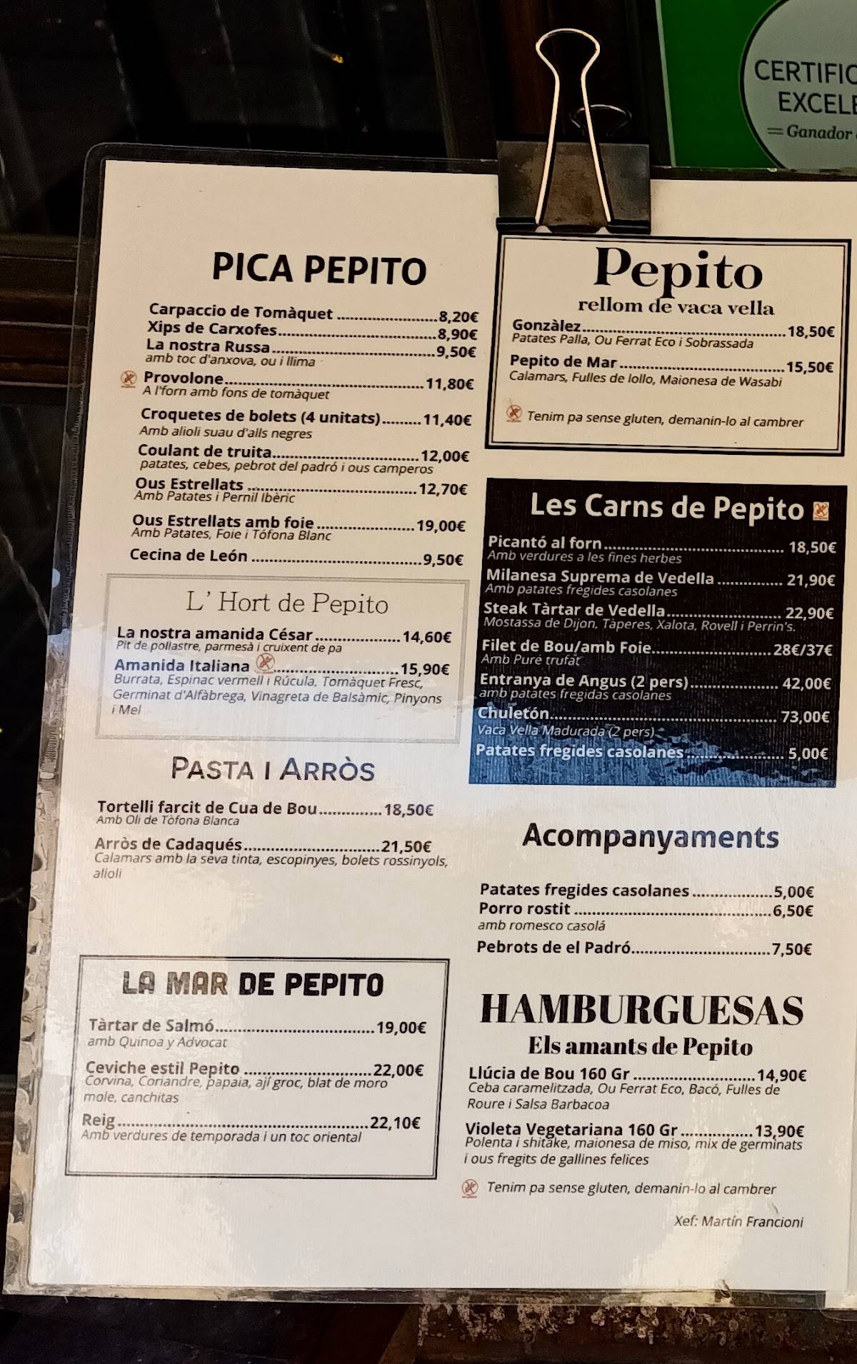 Menu at Pepito Restaurante, Barcelona