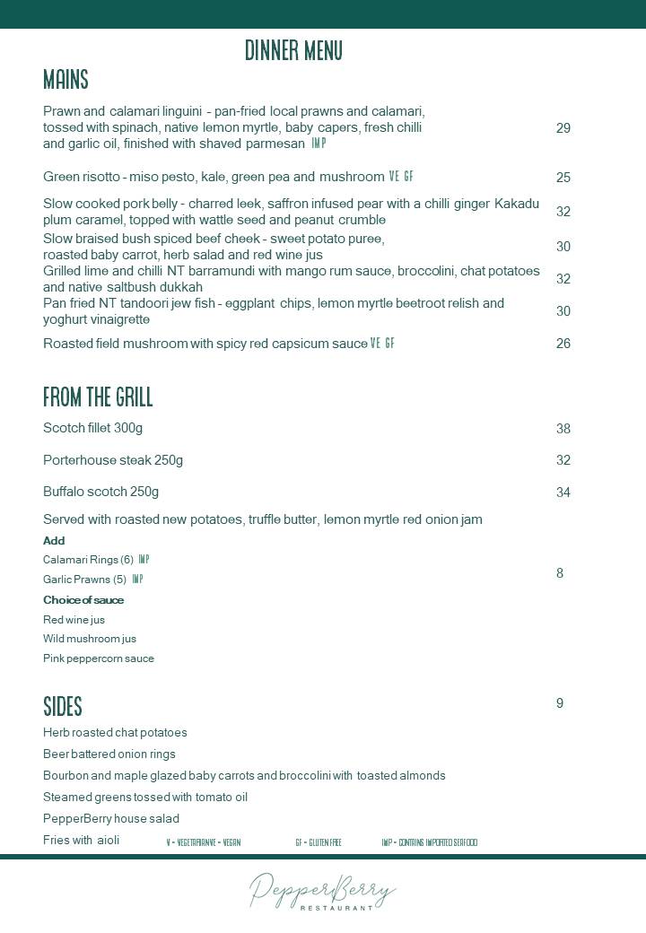 Menu at PepperBerry Restaurant, Darwin City