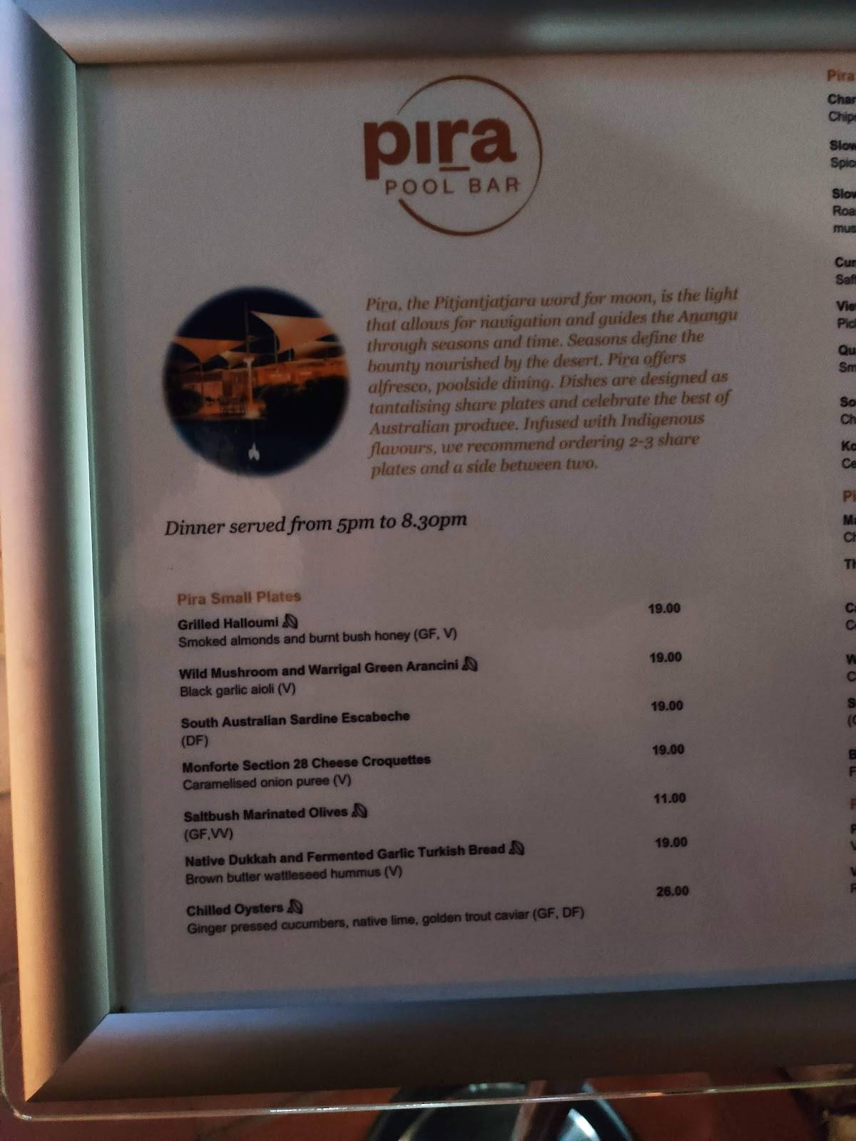 Menu at Pira Pool Bar, Yulara