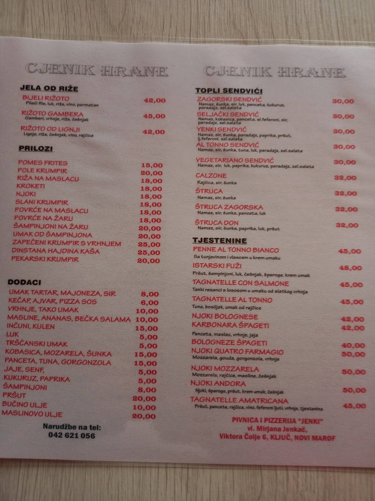 Menu at Pivnica i Pizzeria "JENKI", Ključ