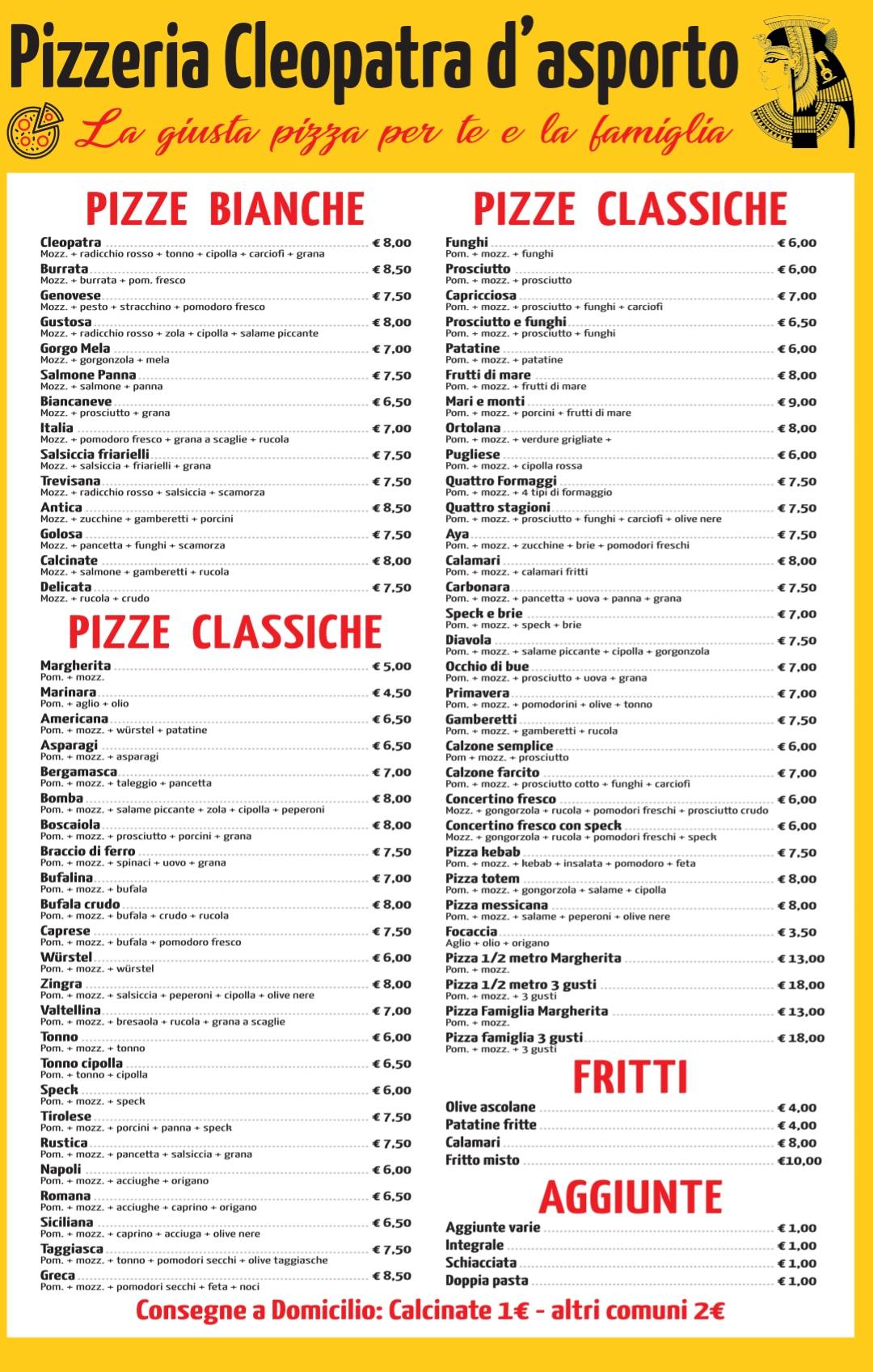 Menu da Pizzeria Cleopatra, Calcinate