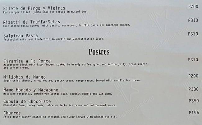 Menu at Ponce restaurant, Quezon City