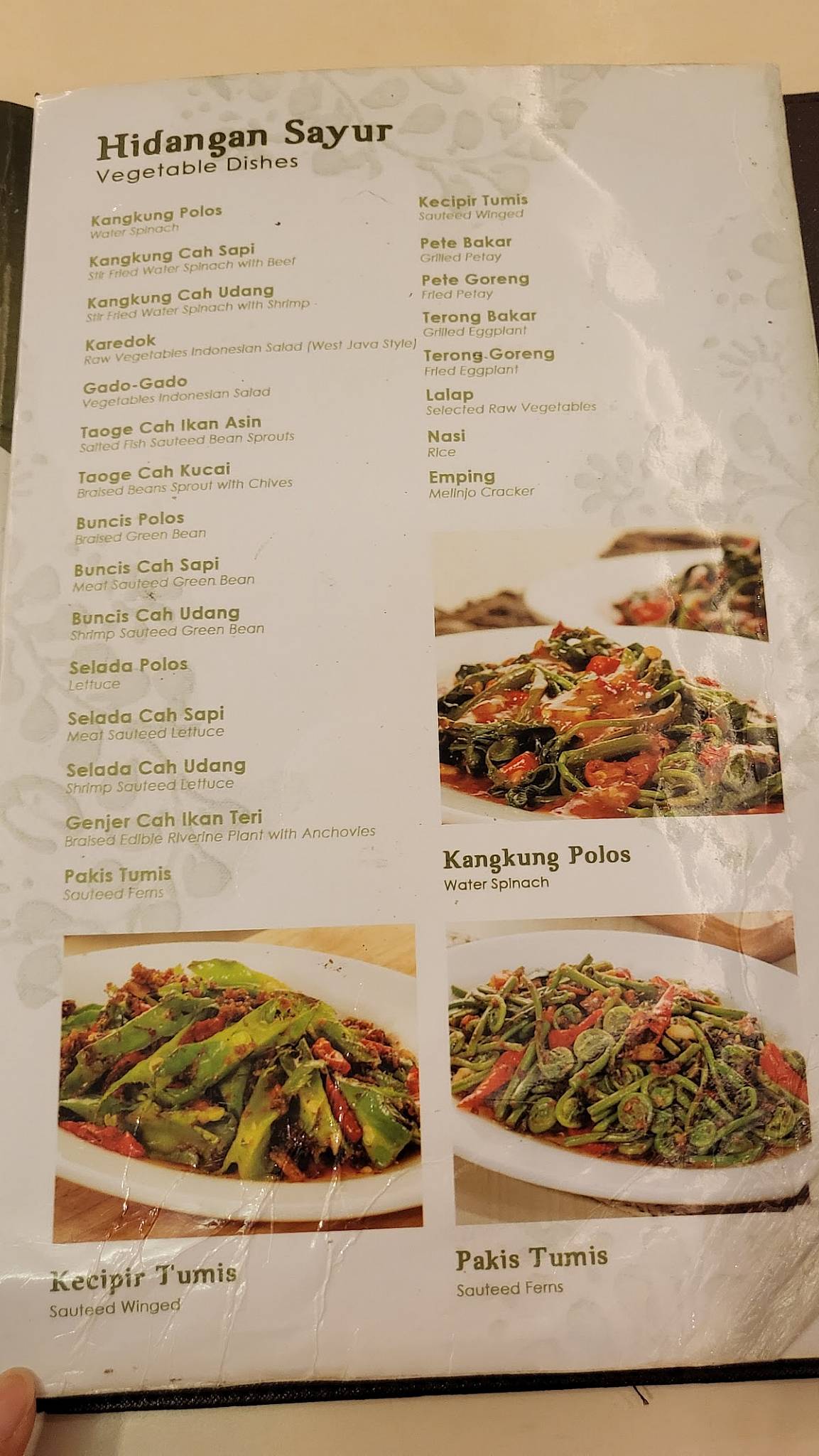 Menu at Pondok Laguna restaurant, Jakarta, 3