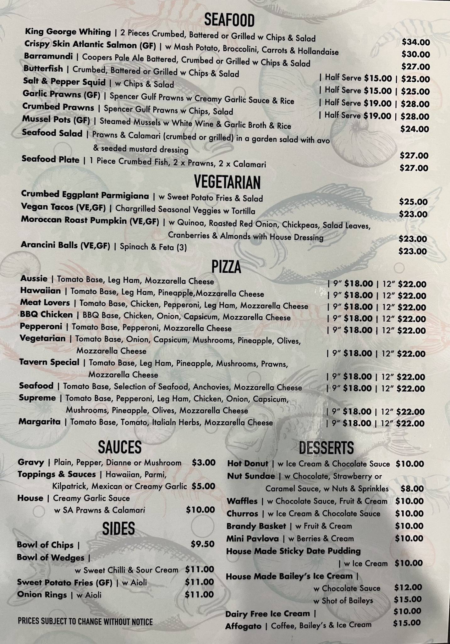 Menu at Port Hughes Tavern restaurant, Port Hughes