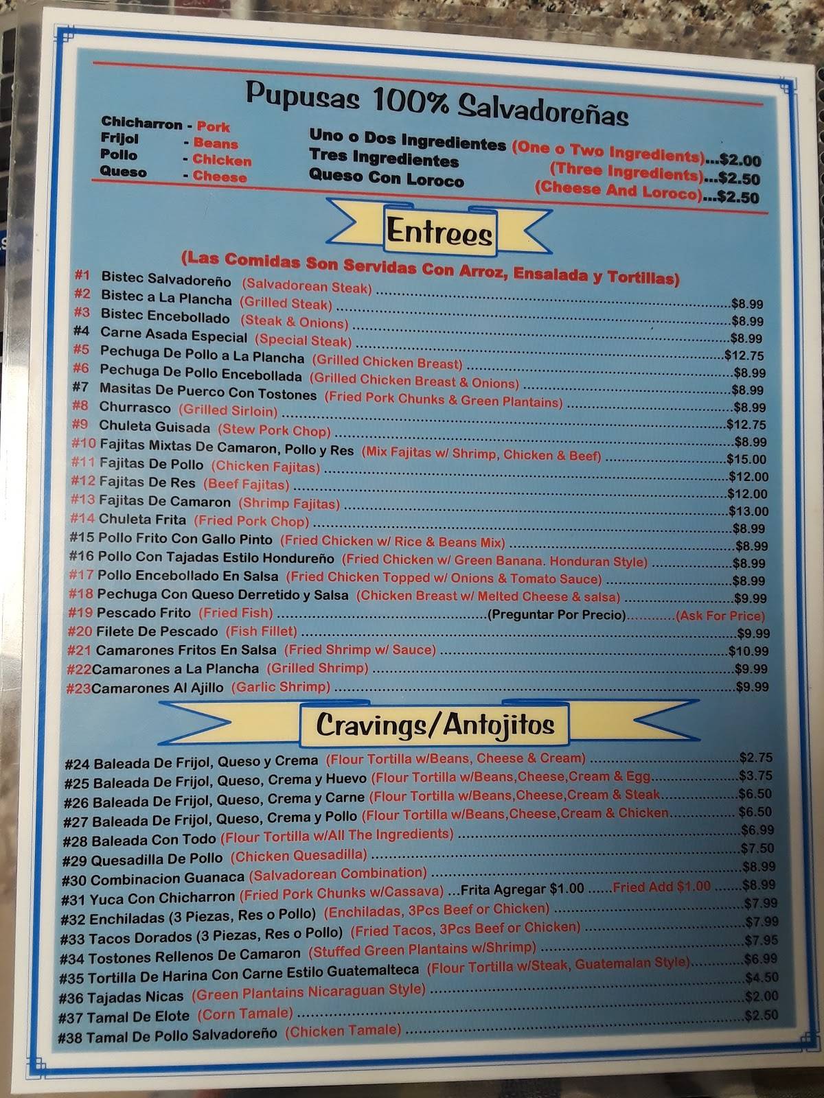 Menu at Pupuseria Centroamericana restaurant, Tampa
