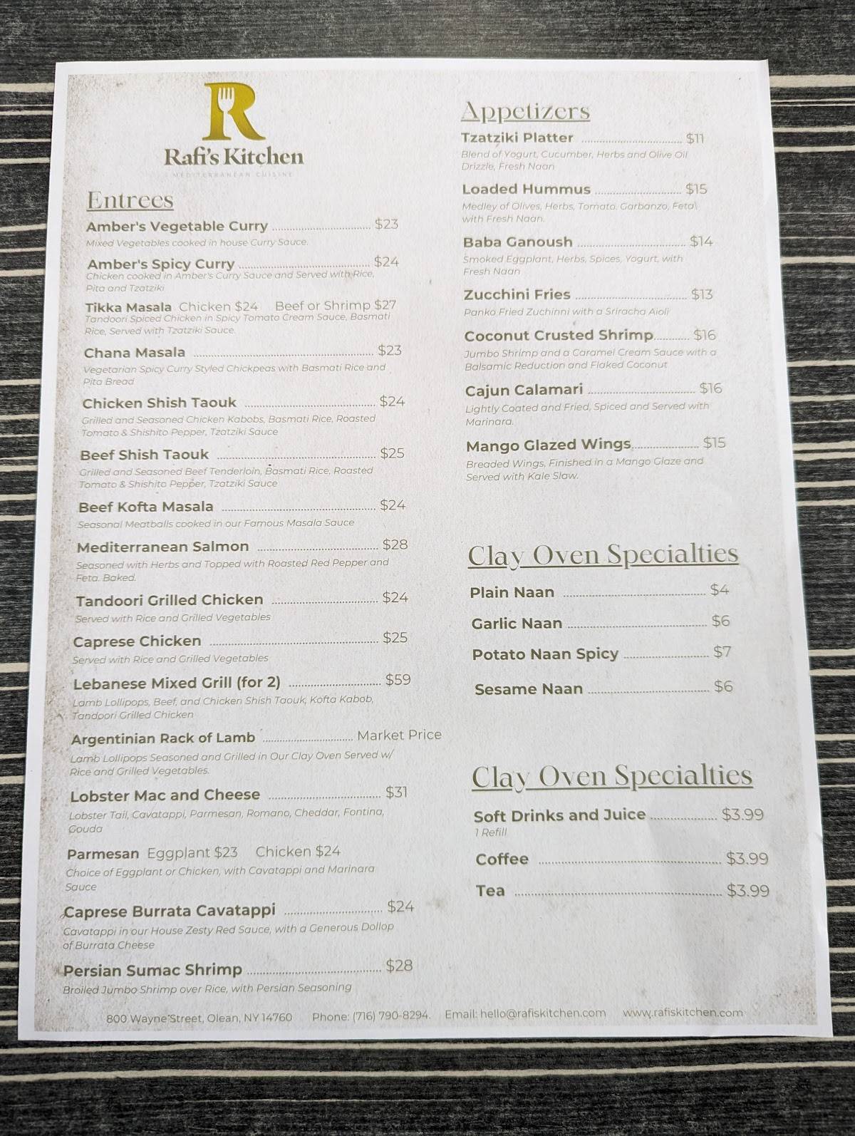 Menu at Rafi's Kitchen restaurant, Olean