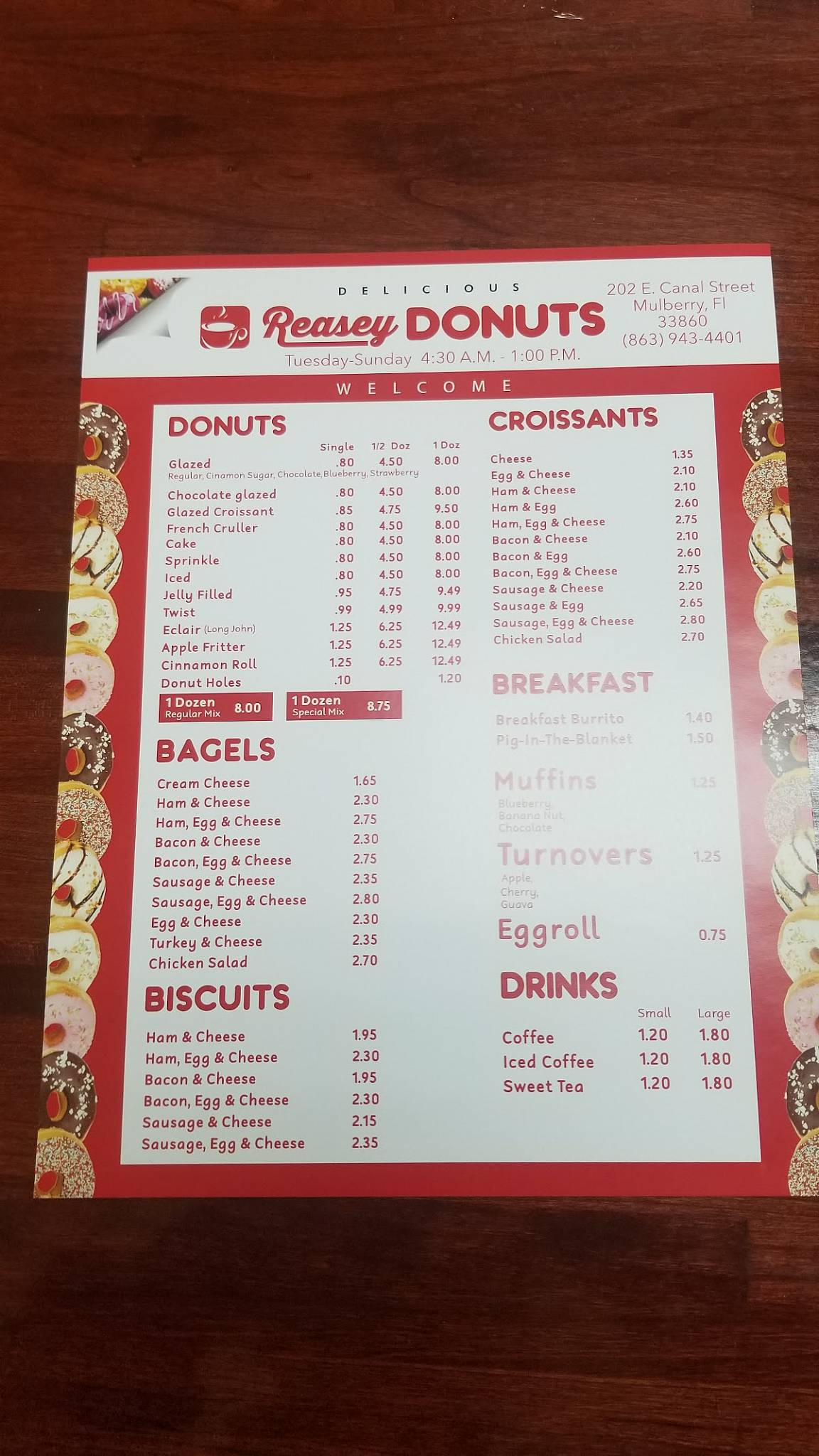 Menu at Reasey Donuts, Mulberry, 202 E Canal St