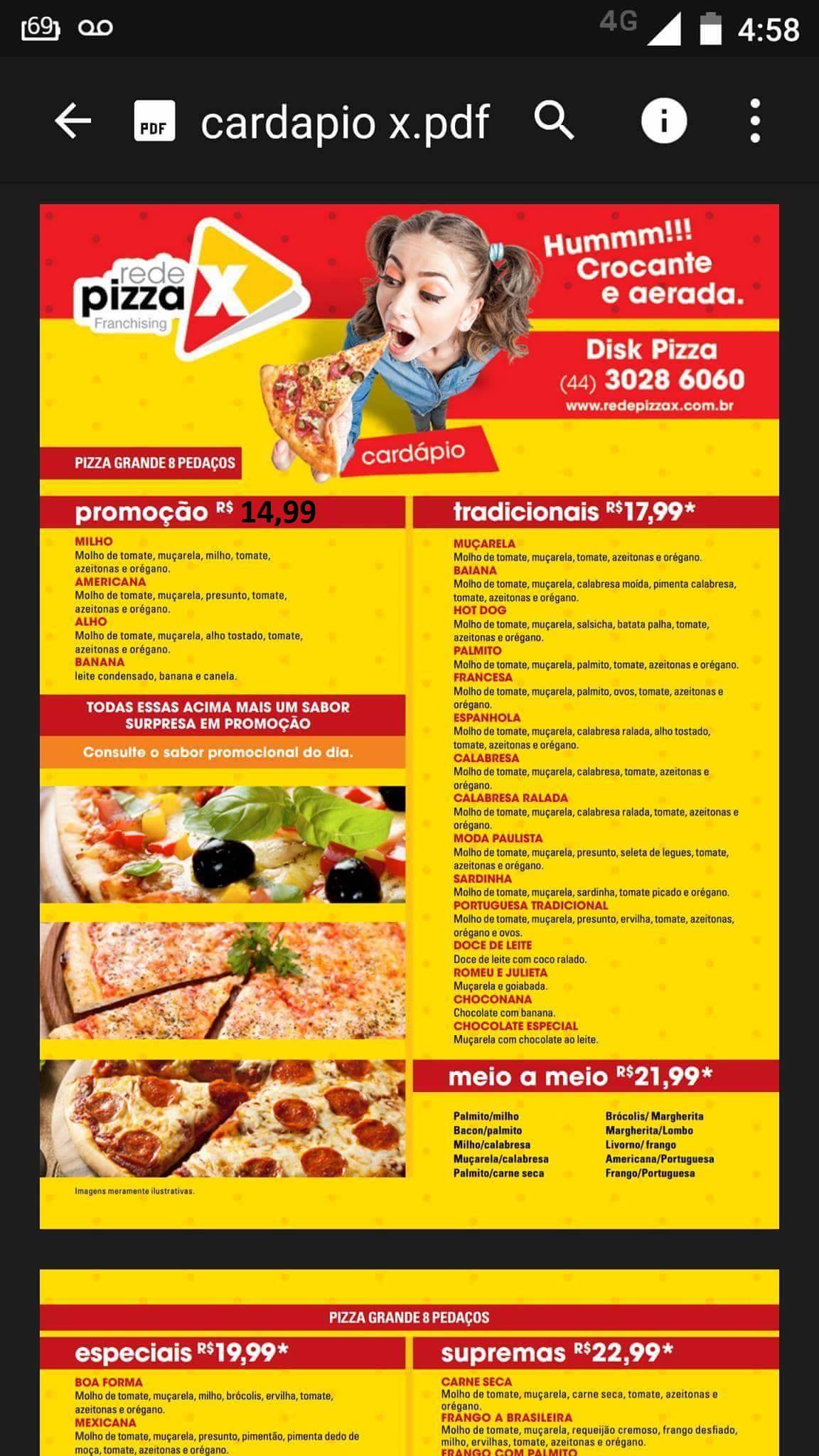 Menu em Rede Pizza X restaurante, Maringá