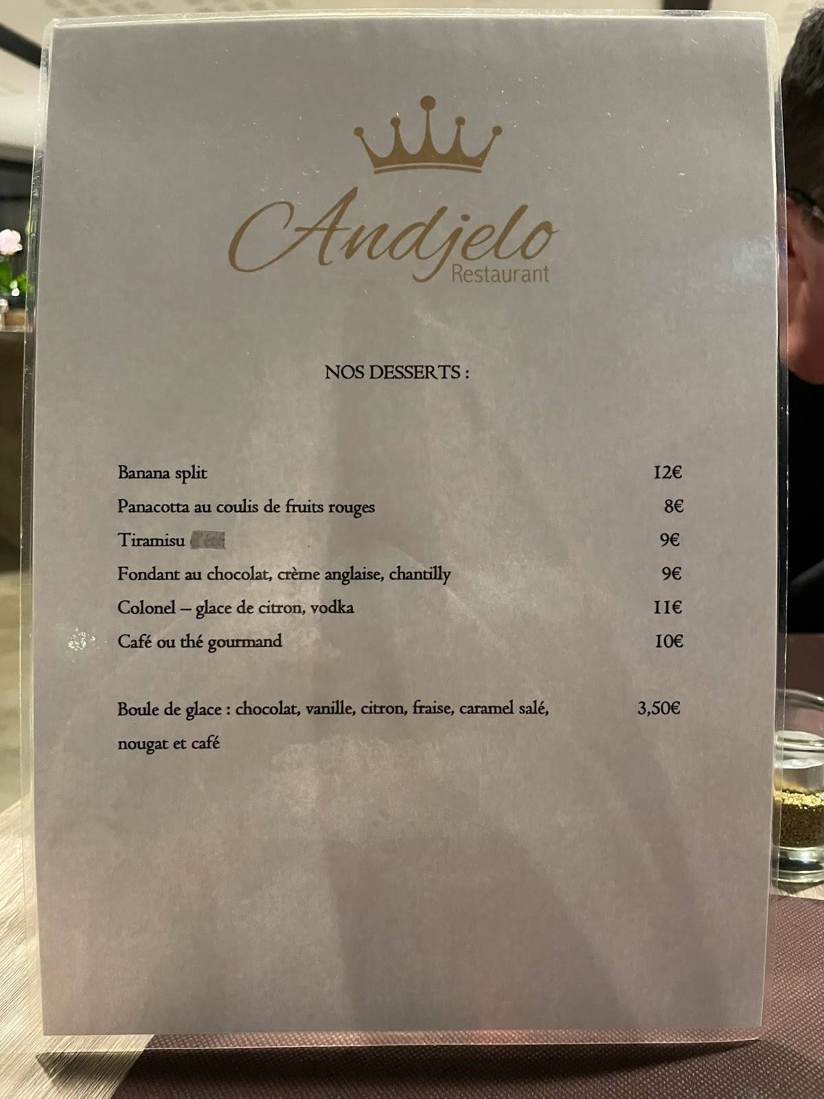 Menu au Restaurant Andjelo, Les Angles