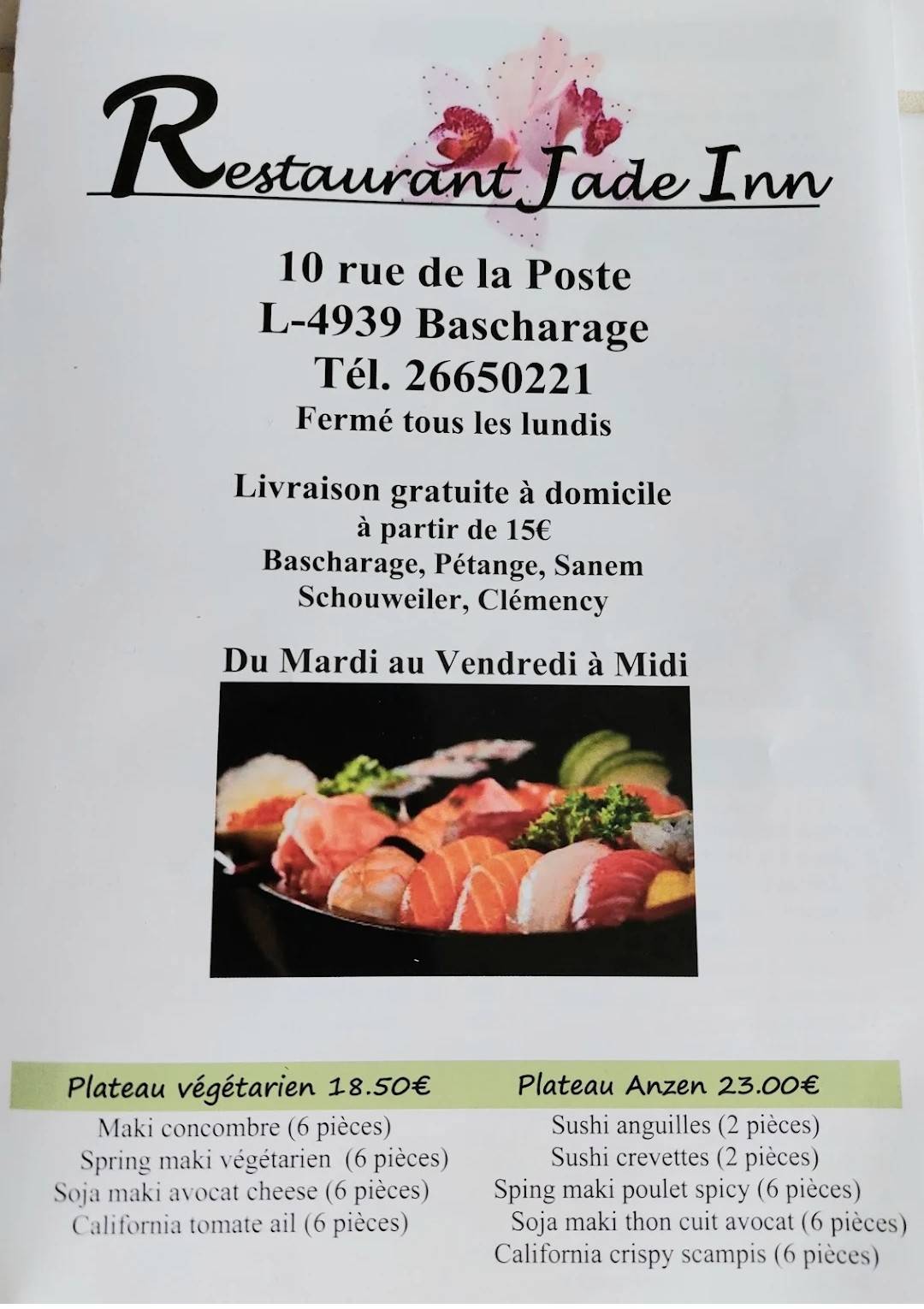Menu au Restaurant Jade Inn, Käerjeng