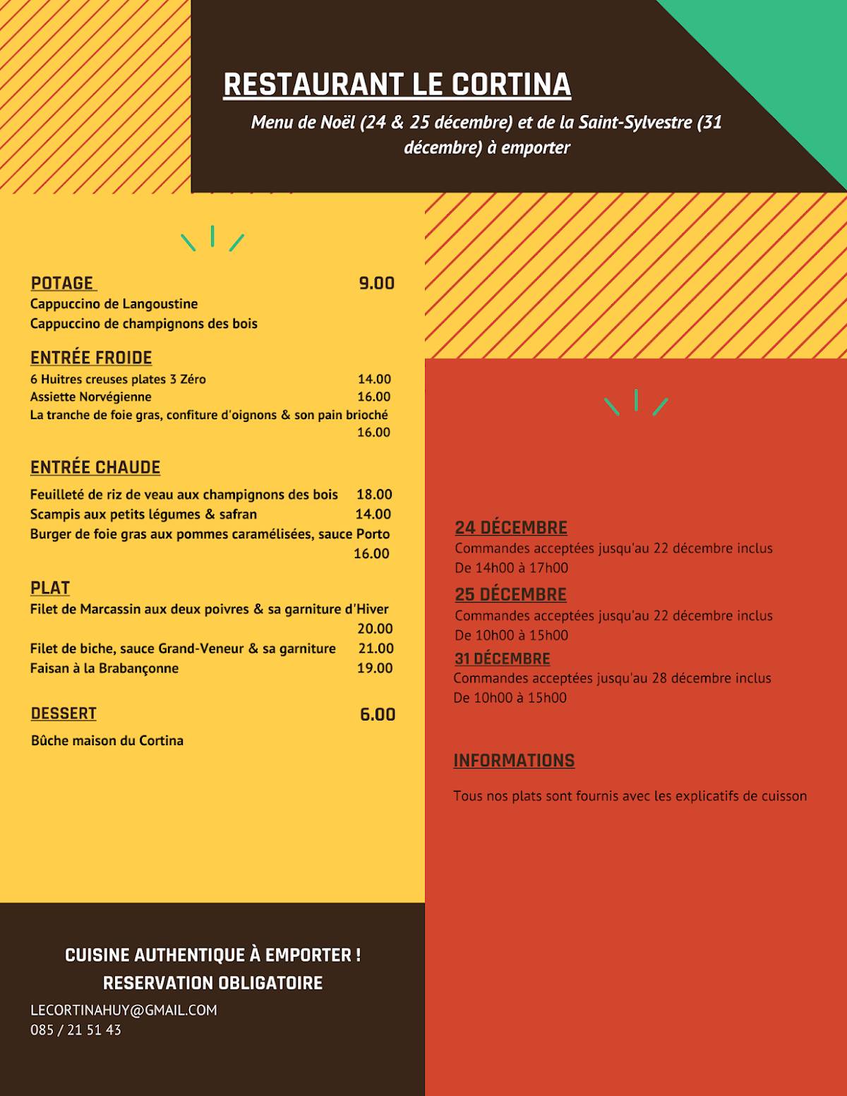 Menu au Restaurant Le Cortina, Huy