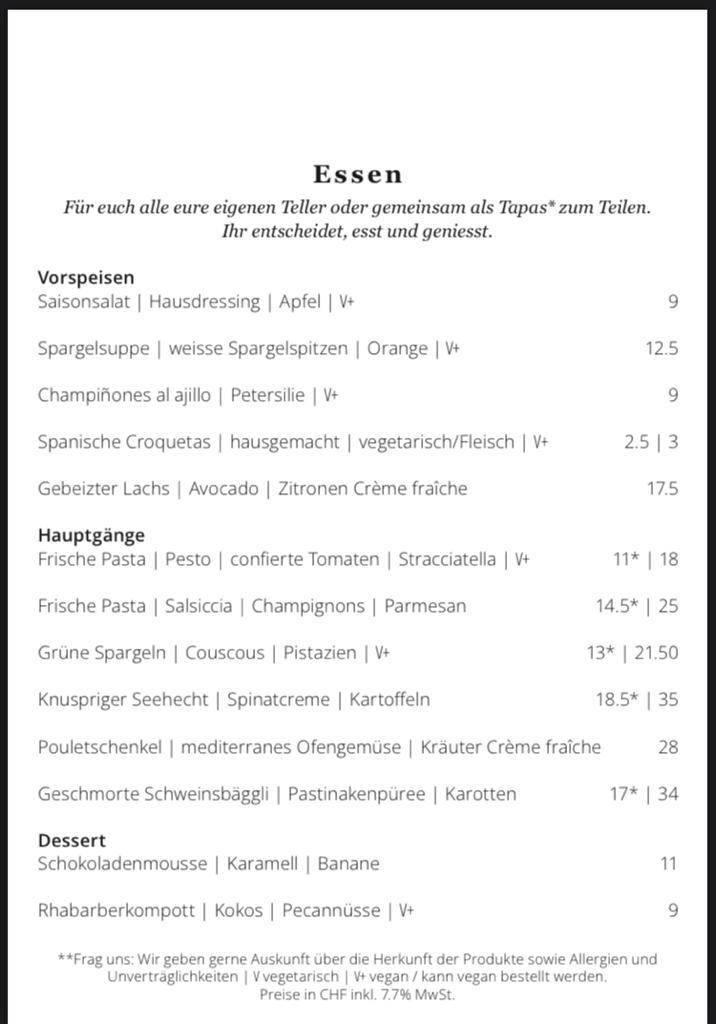 Speisekarte von Max Restaurant, Basel