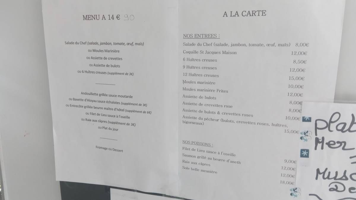 Menu au Restaurant de la mer, Le Vivier-sur-Mer