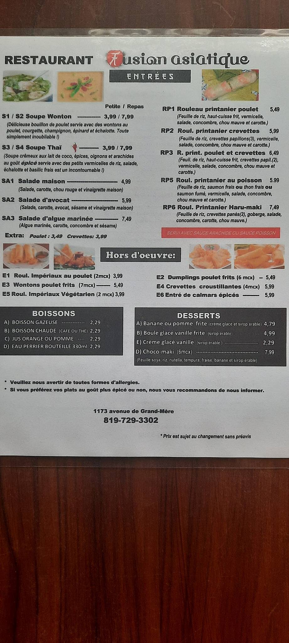 Menu au Restaurant fusion asiatique Inc, Shawinigan