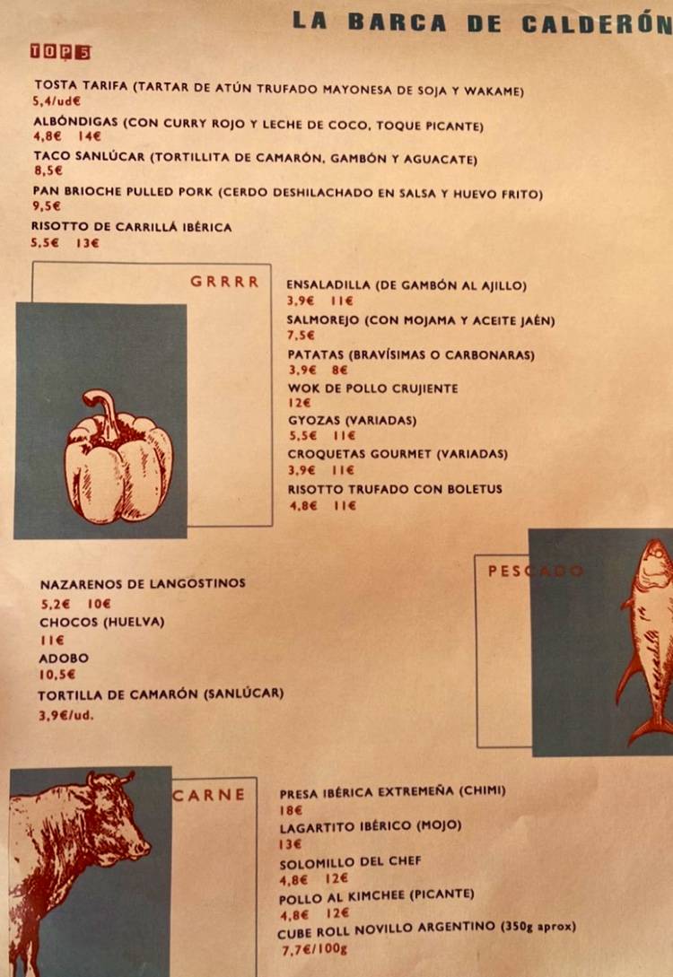Menu at Restaurante La Barca de Calderón, Seville