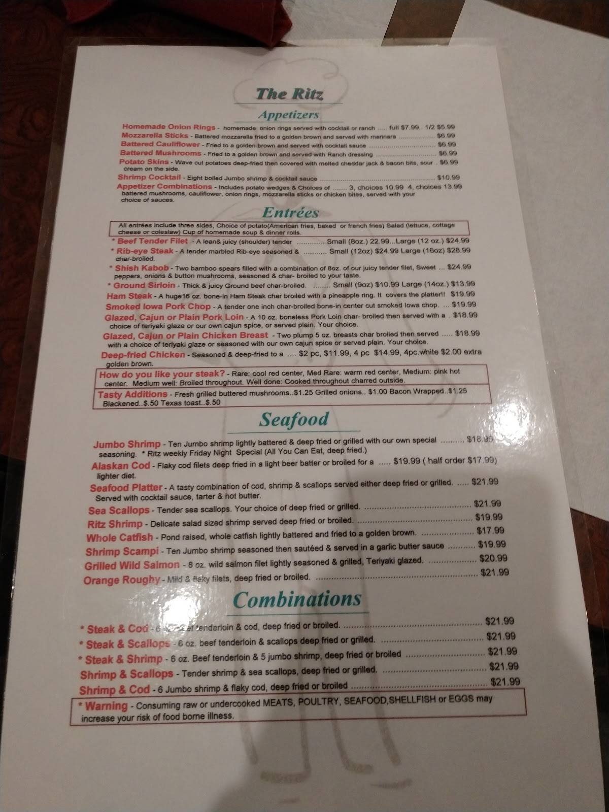 Menu at Ritz Restaurant, Dyersville