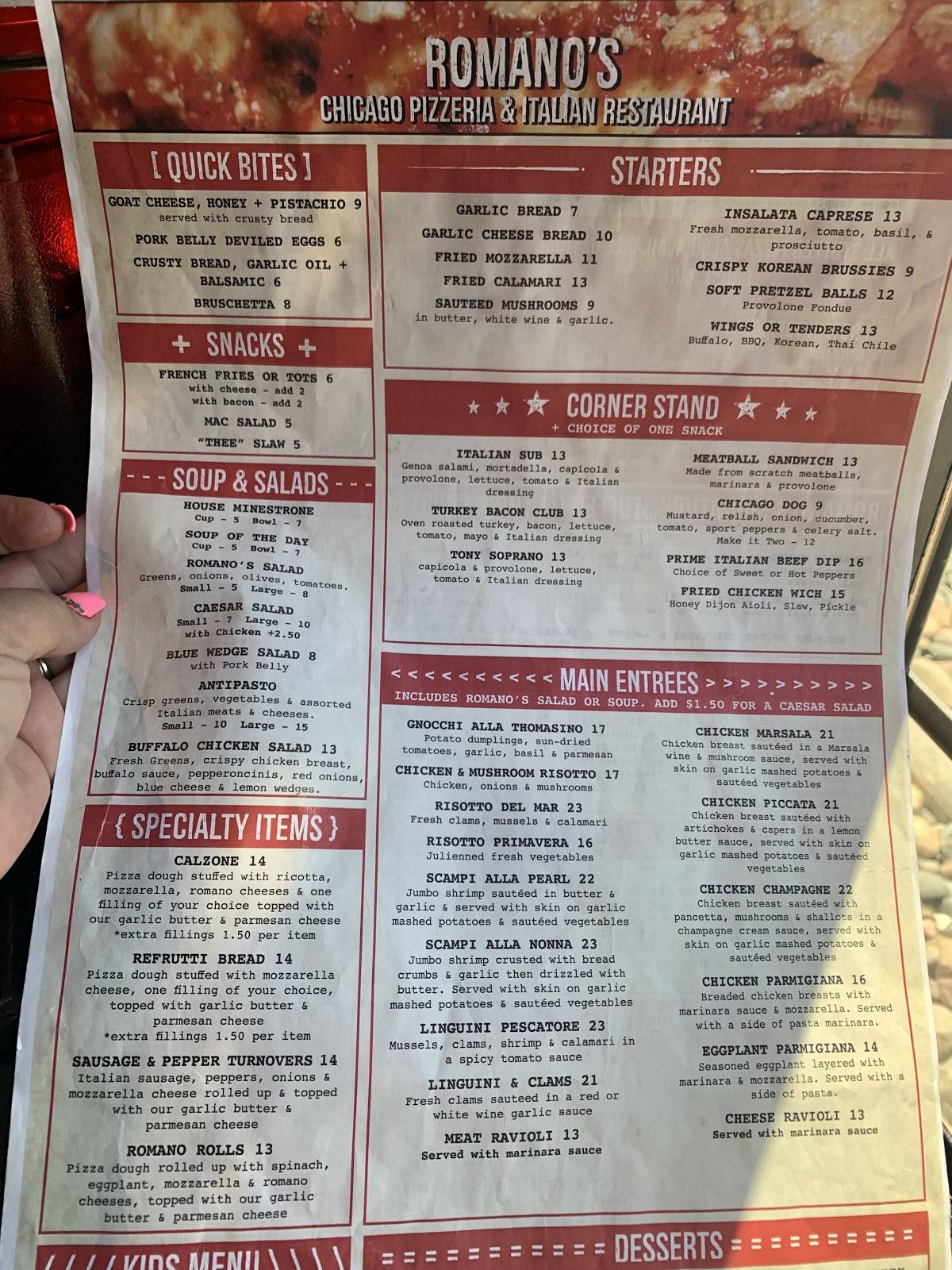 Menu at Romano's Chicago Pizzeria, Lake Havasu City