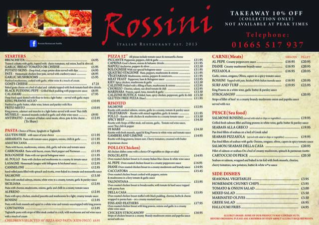 Menu at Rossini restaurant Amble, Warkworth