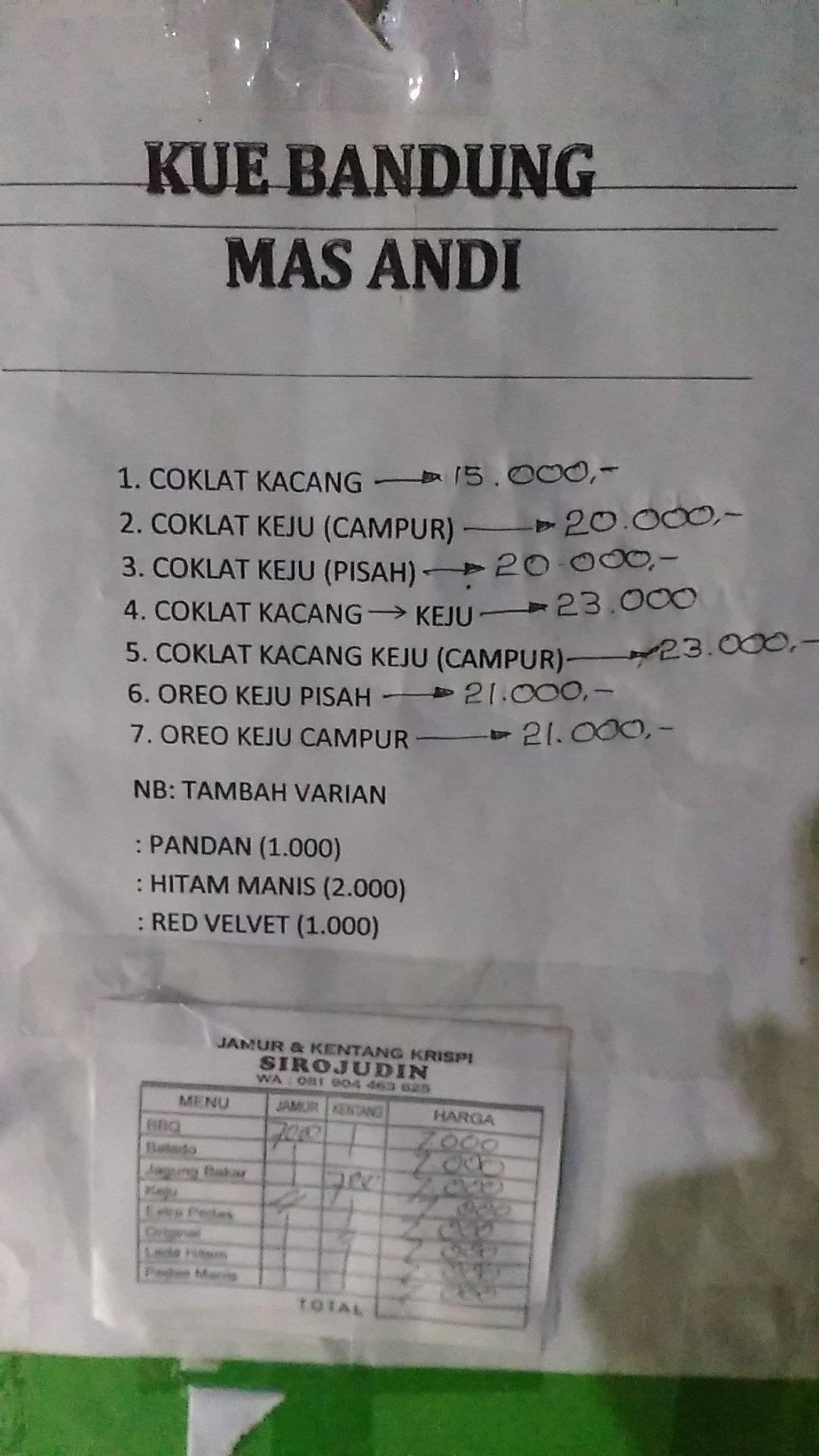 Menu at Roti bakar andi restaurant, Semarang