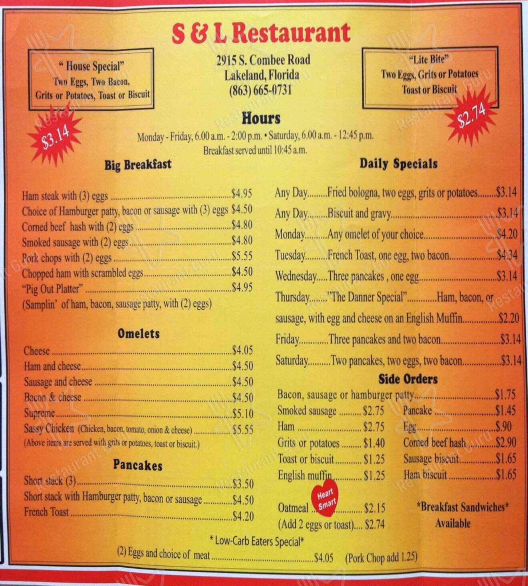 Menu at S&L Restaurant, Lakeland