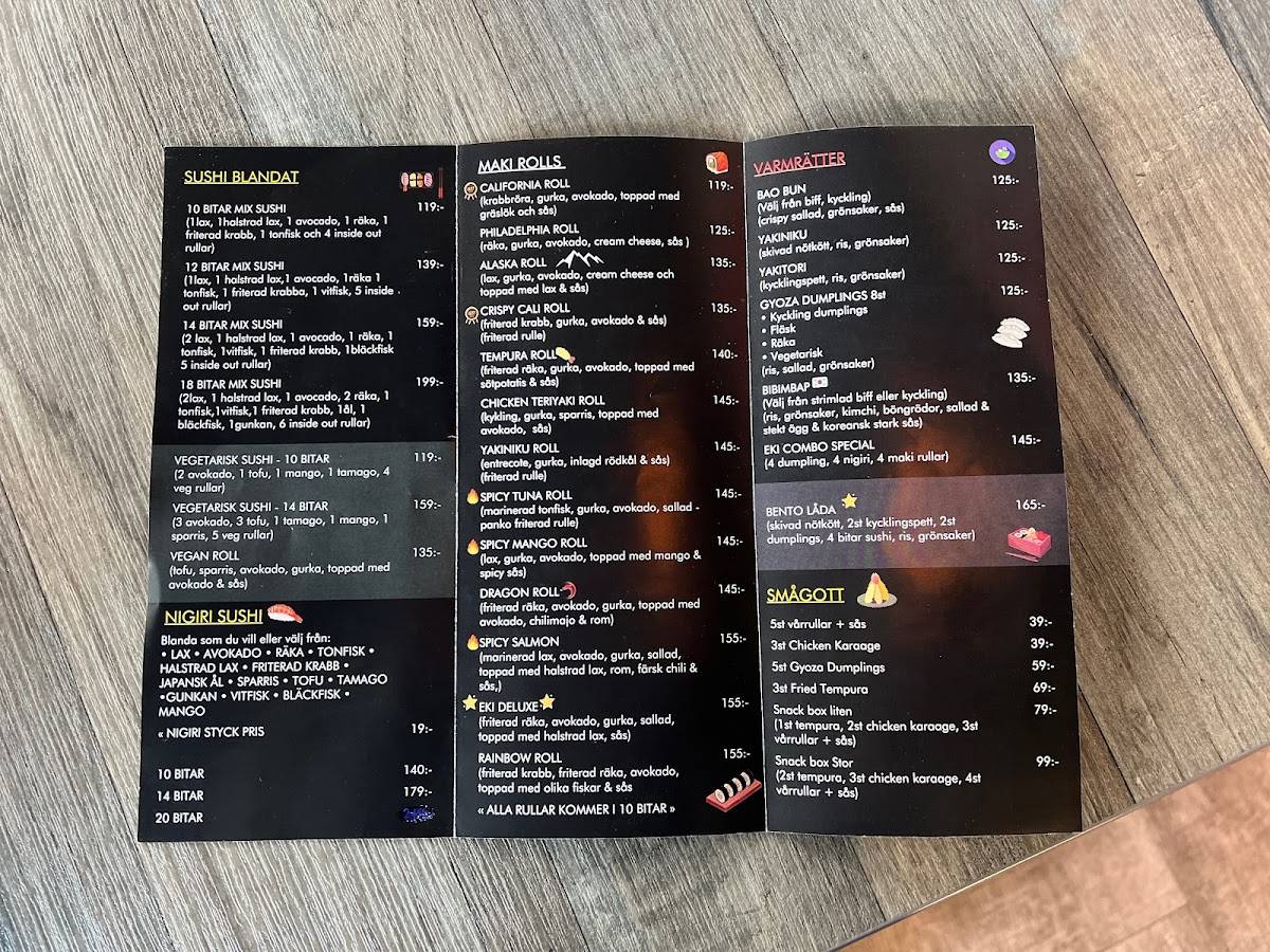 Menu at SUSHI EKI restaurant, Gothenburg