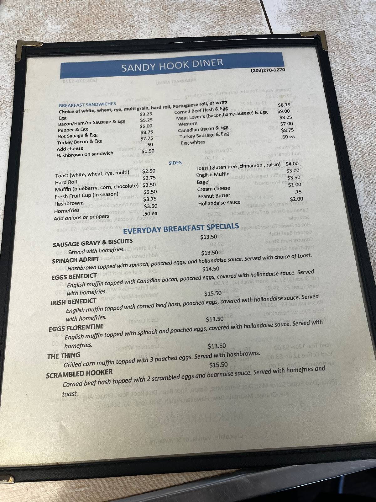 Menu at Sandy Hook Diner restaurant, Newtown