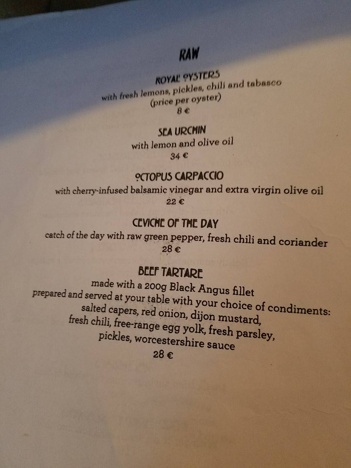 Menu at Scorpios, Mikonos