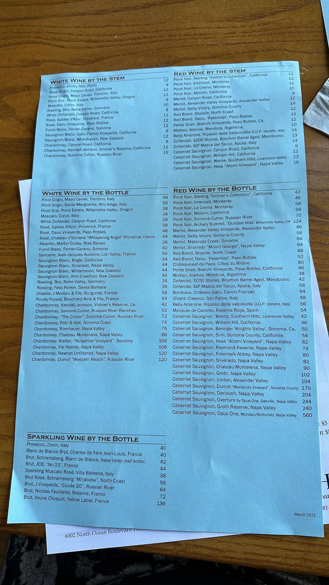 Menu at Sea Watch On the Ocean restaurant, Sea Ranch Lakes