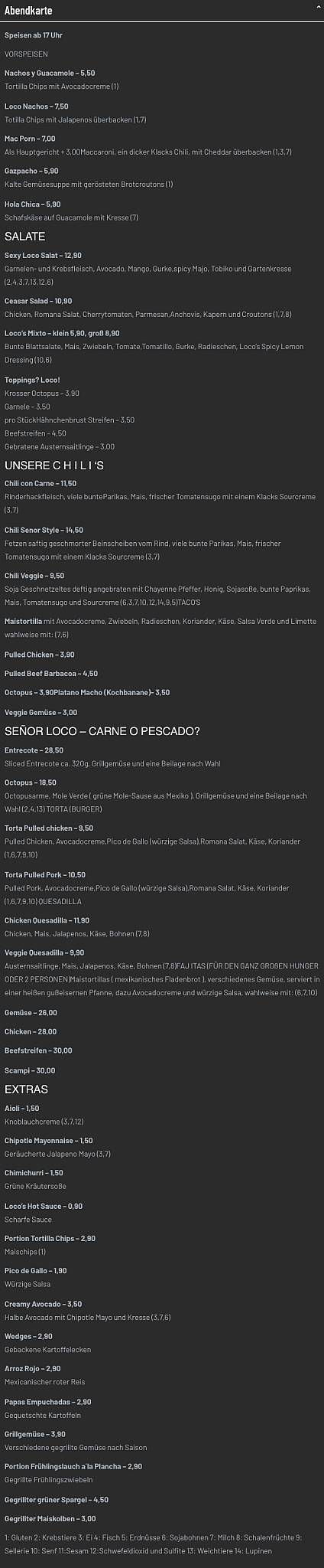 Speisekarte von Señor Loco restaurant, Hamburg