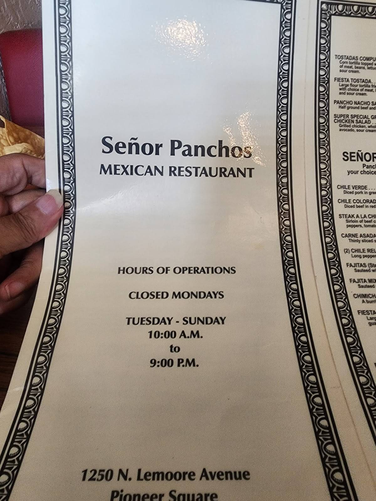 Menu at Señor Pancho's restaurant, Lemoore