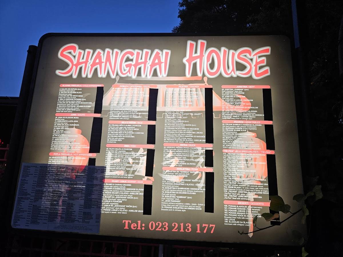 Menu at Shanghai House restaurant, Zadar