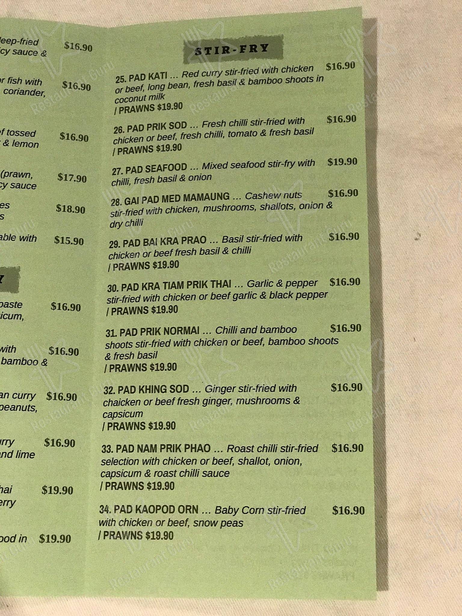 Menu at Spirit House restaurant, Ardross