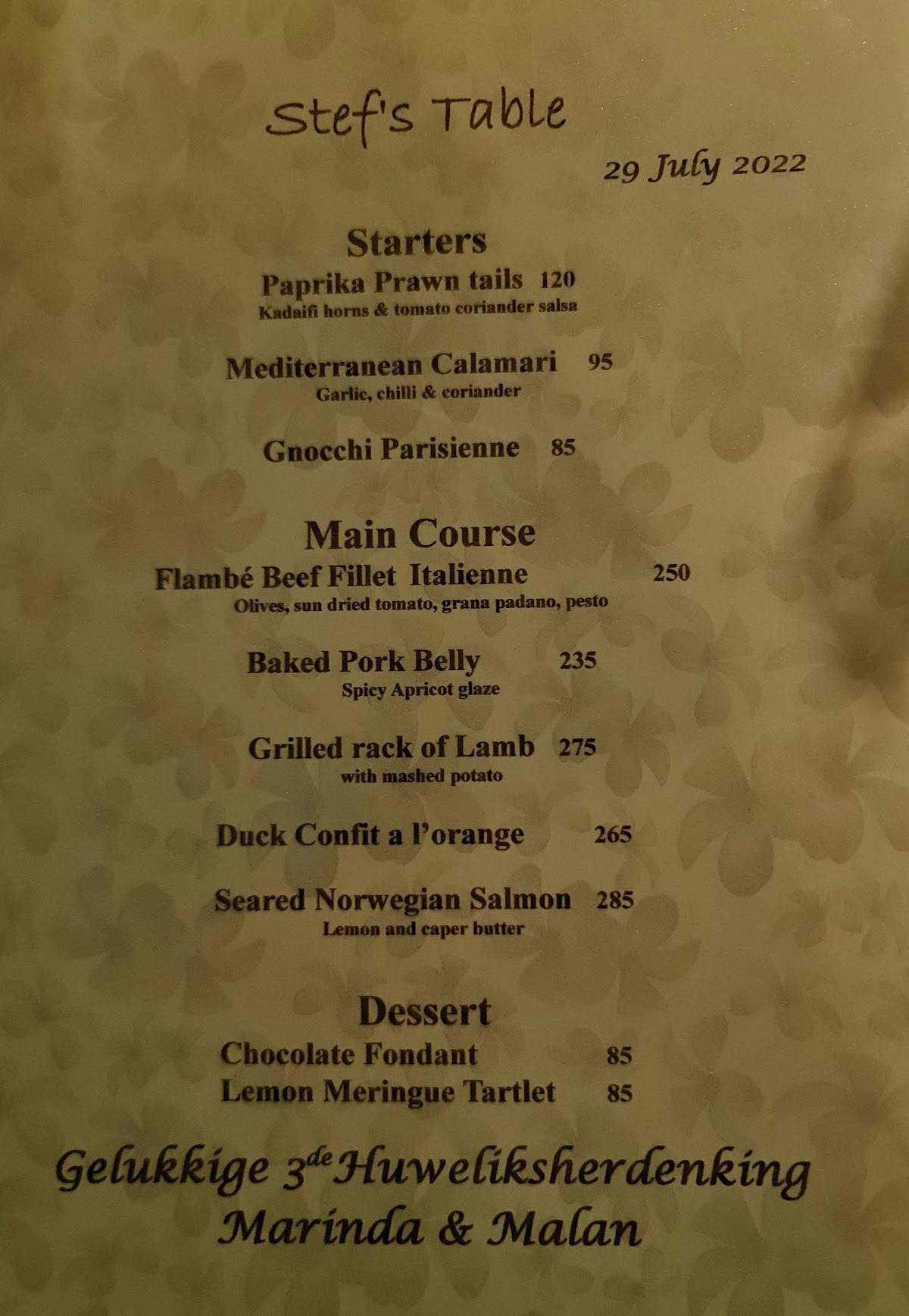 Menu at Stef's Table restaurant, Hartbeespoort